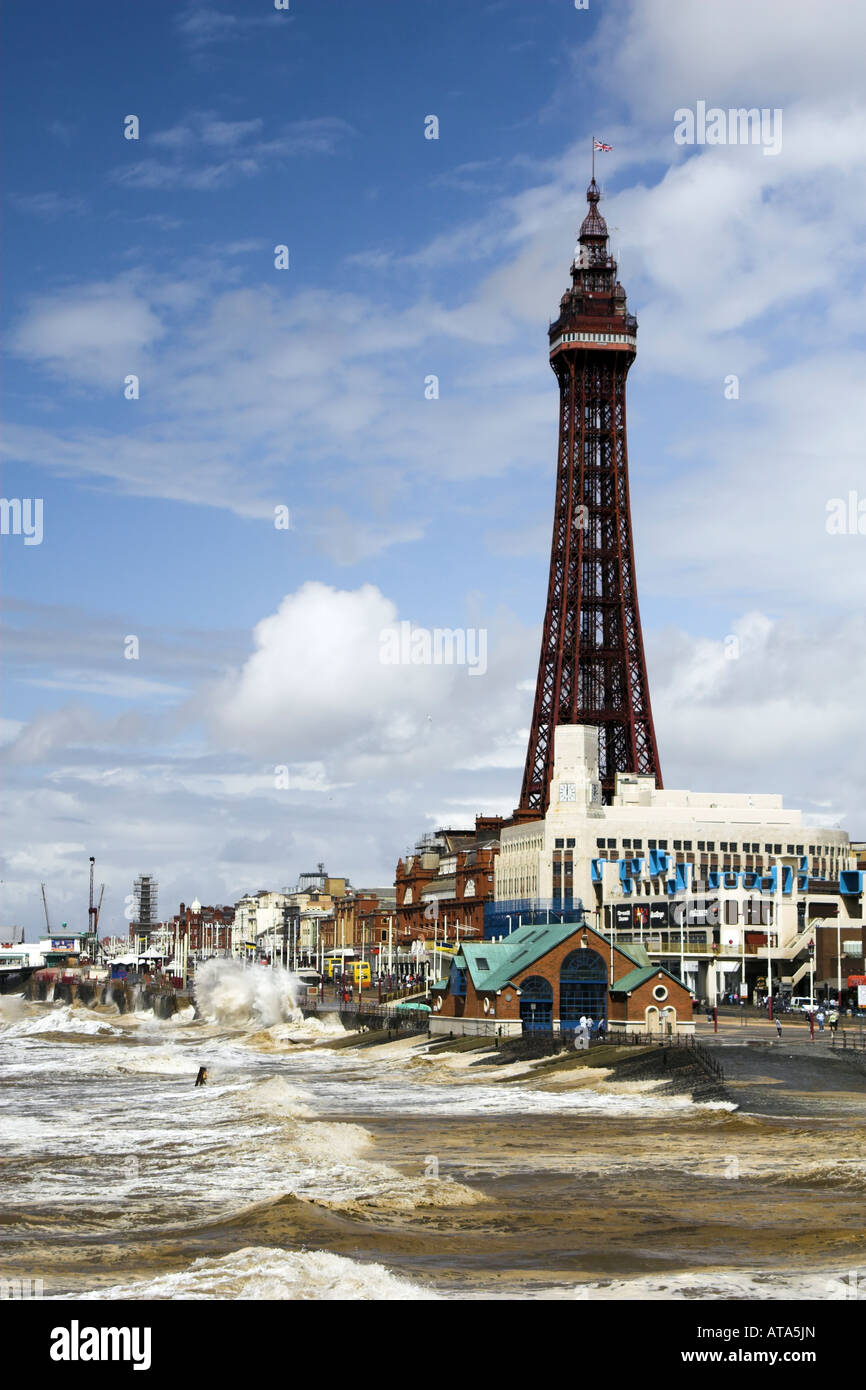 Rough seas crash into the sea wall beneath Blackpool Tower, Blackpool ...