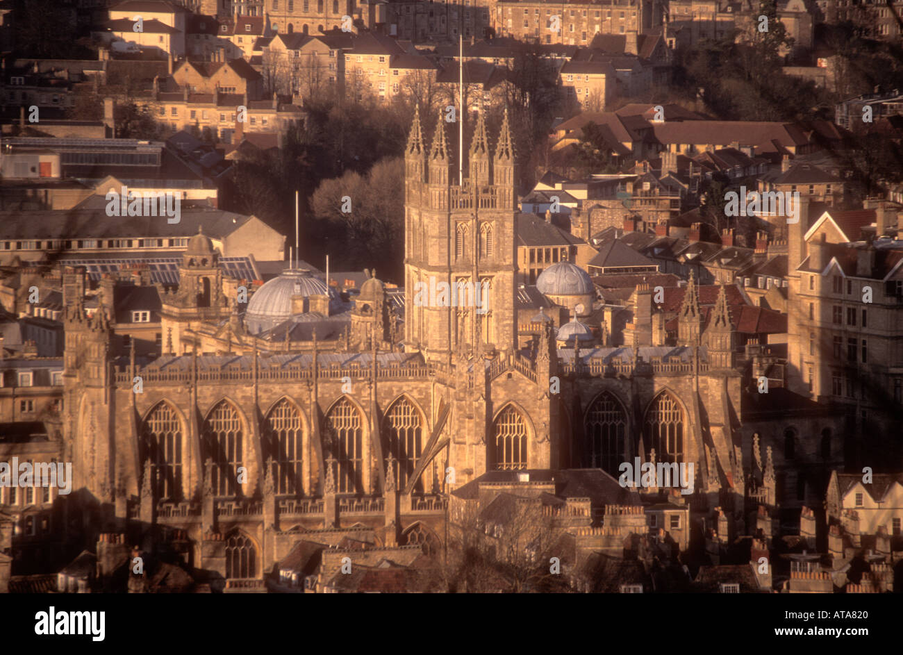 Aerial view of Bath Abbey and city centre seen from Beechen Cliff Bath ...