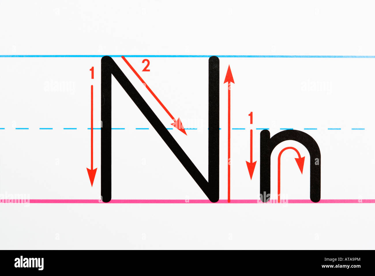 Close up of letter N handwriting practice page Stock Photo - Alamy