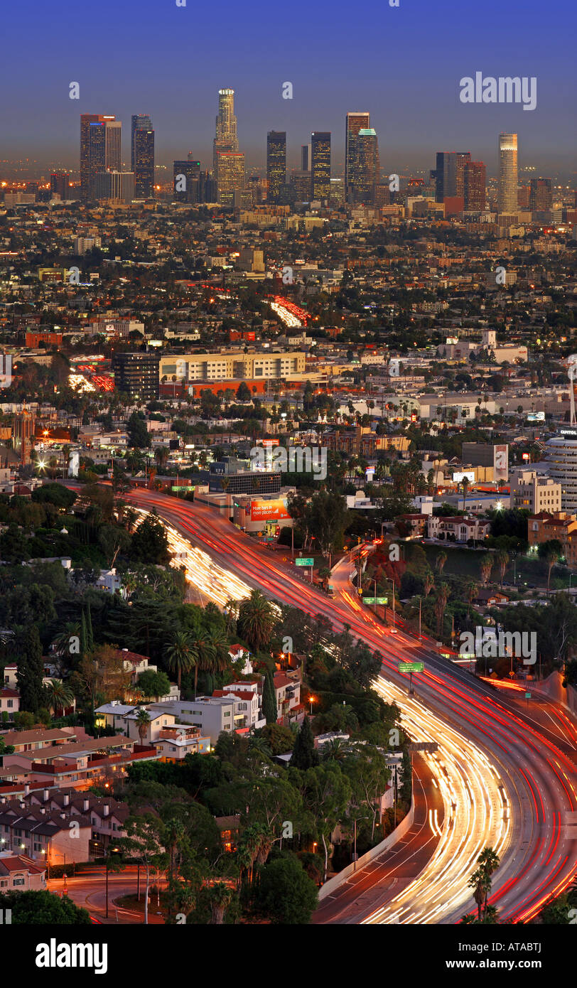 Evening commute traffic on highway 101 with the downtown Los Angeles ...