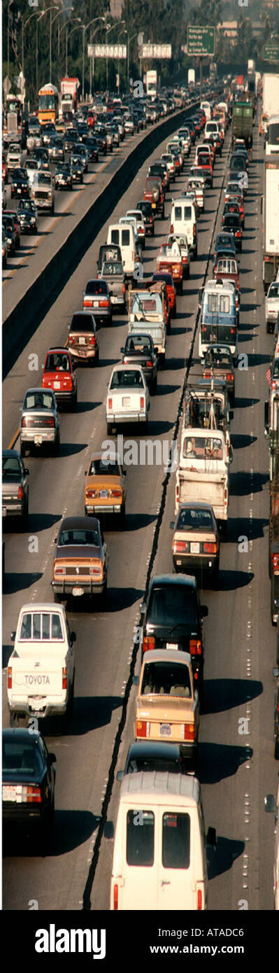 Traffic on Los Angeles freeway squeezed to give a long thin vertical ...