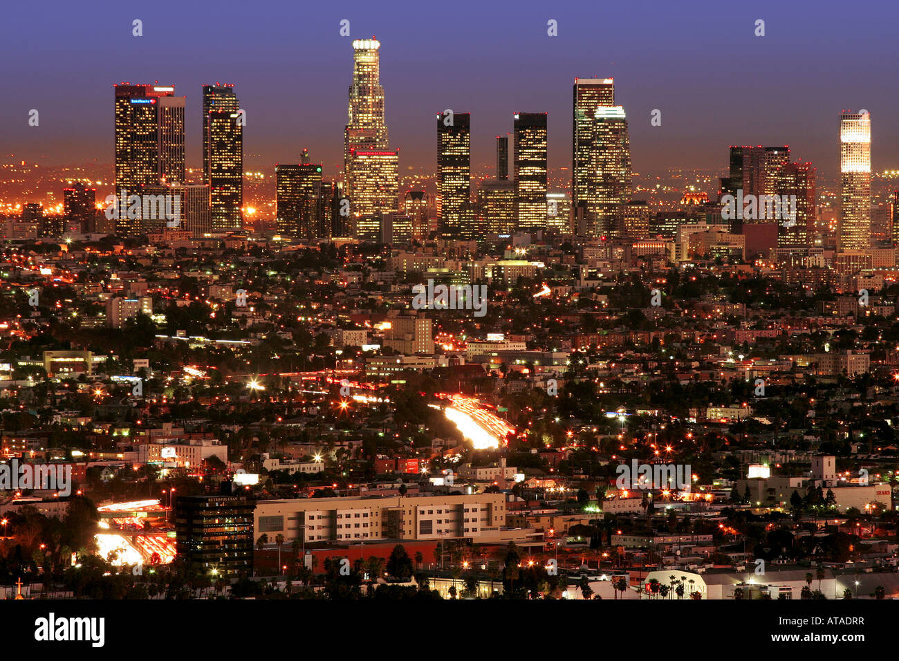 Downtown Los Angeles skyline at night Stock Photo - Alamy