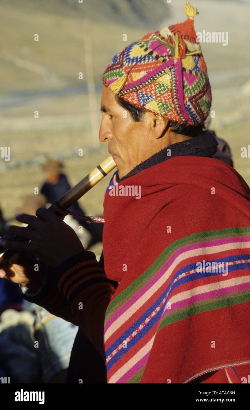 Native Quechua indians playing quena, panpipes and traditional ...