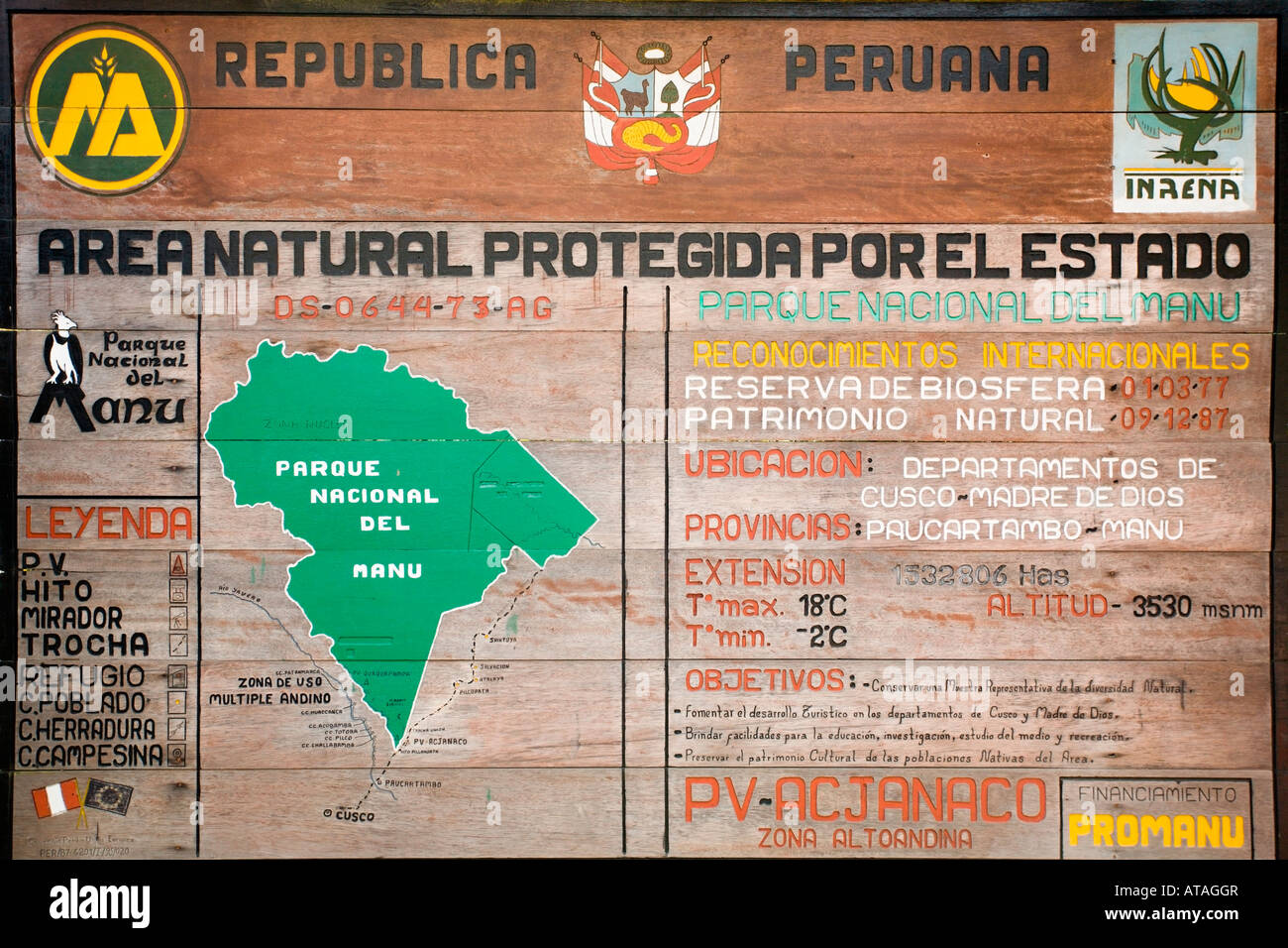 Placard on Manu National Park Border Stock Photo - Alamy