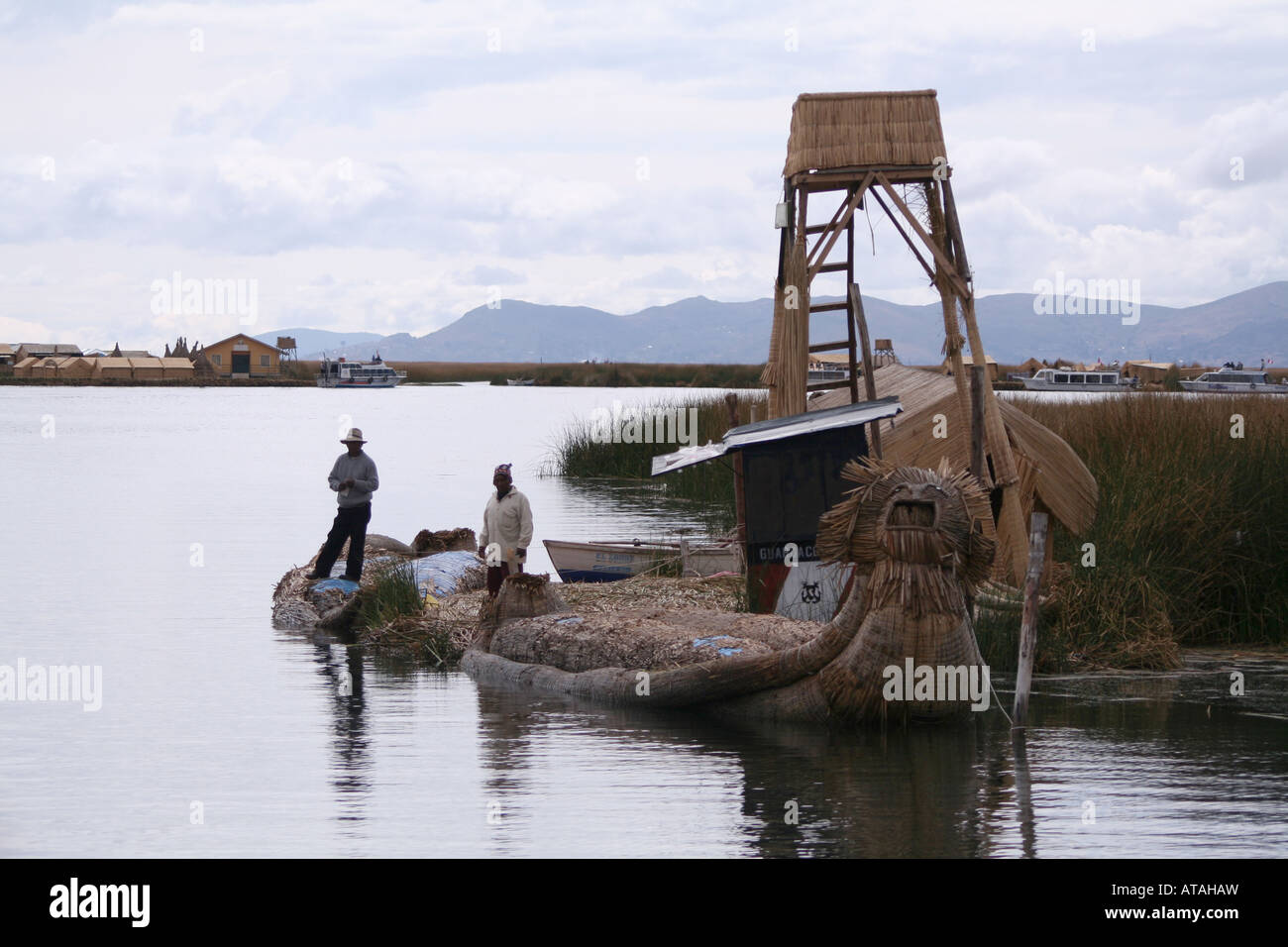 Uros floating reed village Lake Titicaca Peru Stock Photo - Alamy