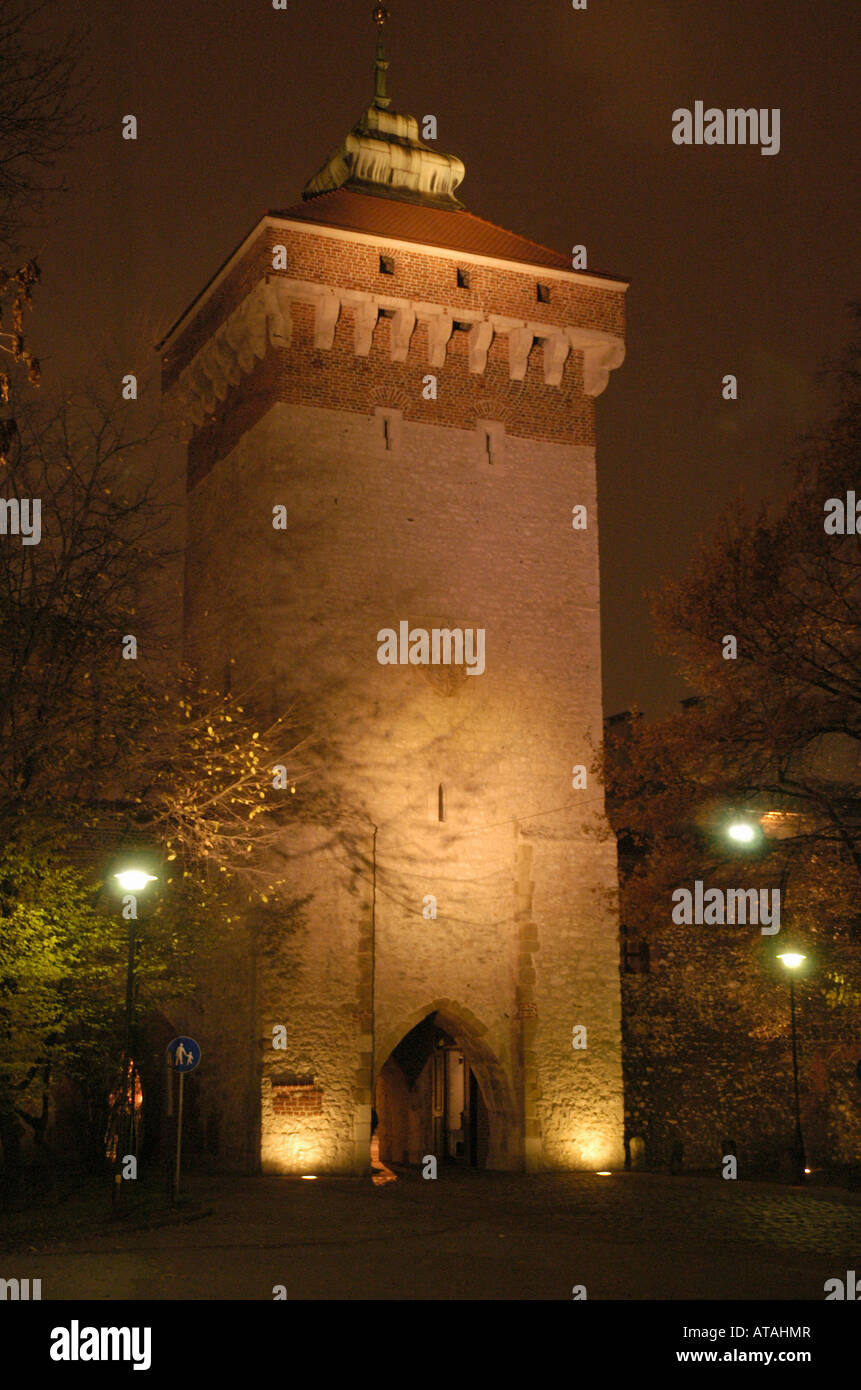The Florianska Gate in the Old Town of Cracow at night, Poland Stock ...