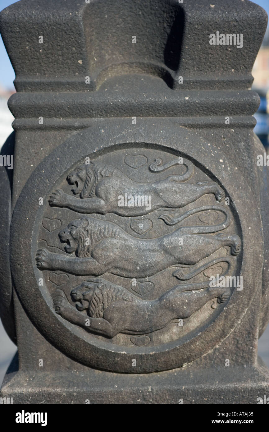 Copenhagen Denmark Three lions symbol carved into stone column in ...