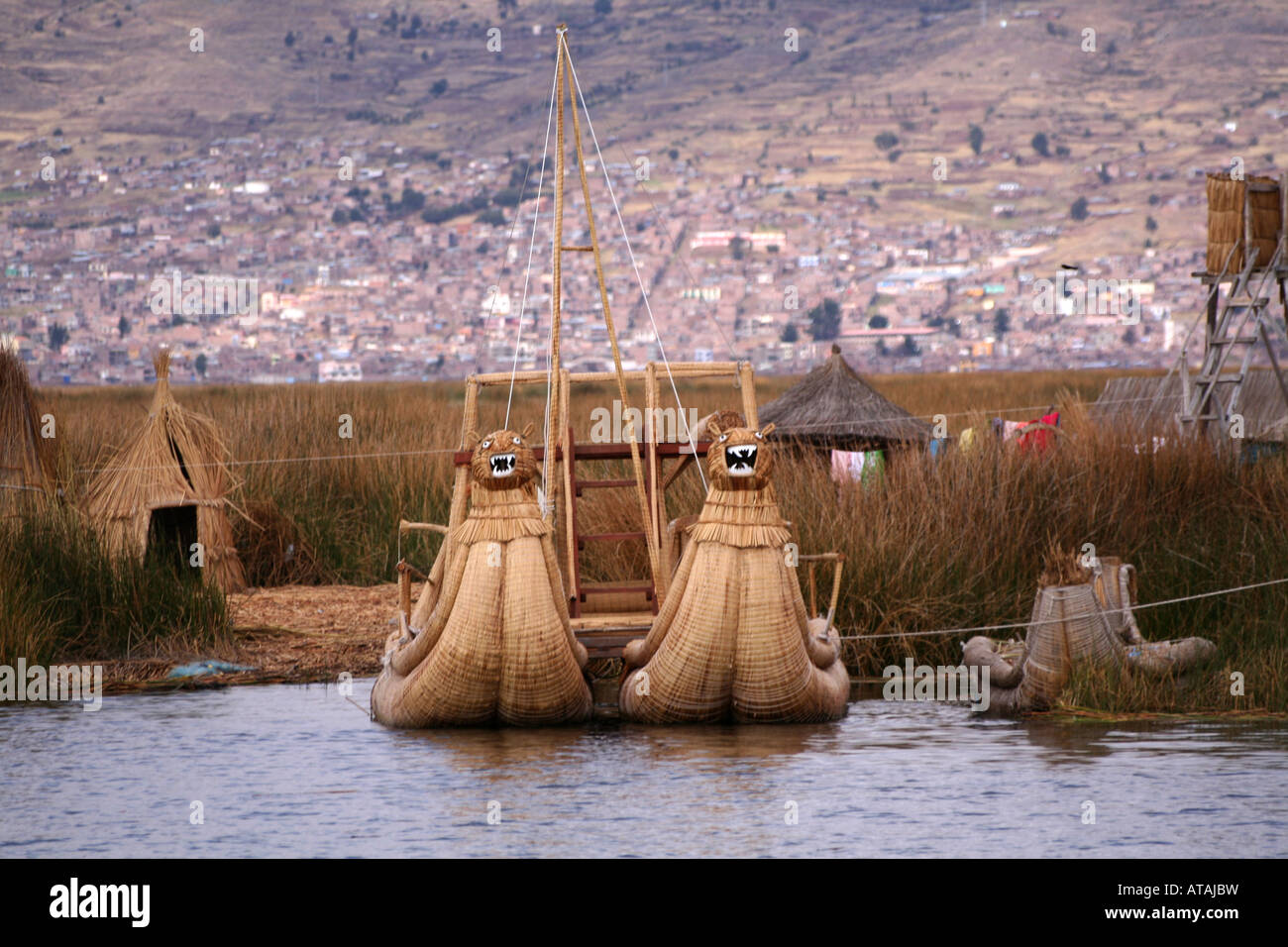 Reed boats at Uros floating reed village Lake Titicaca Peru Stock Photo ...