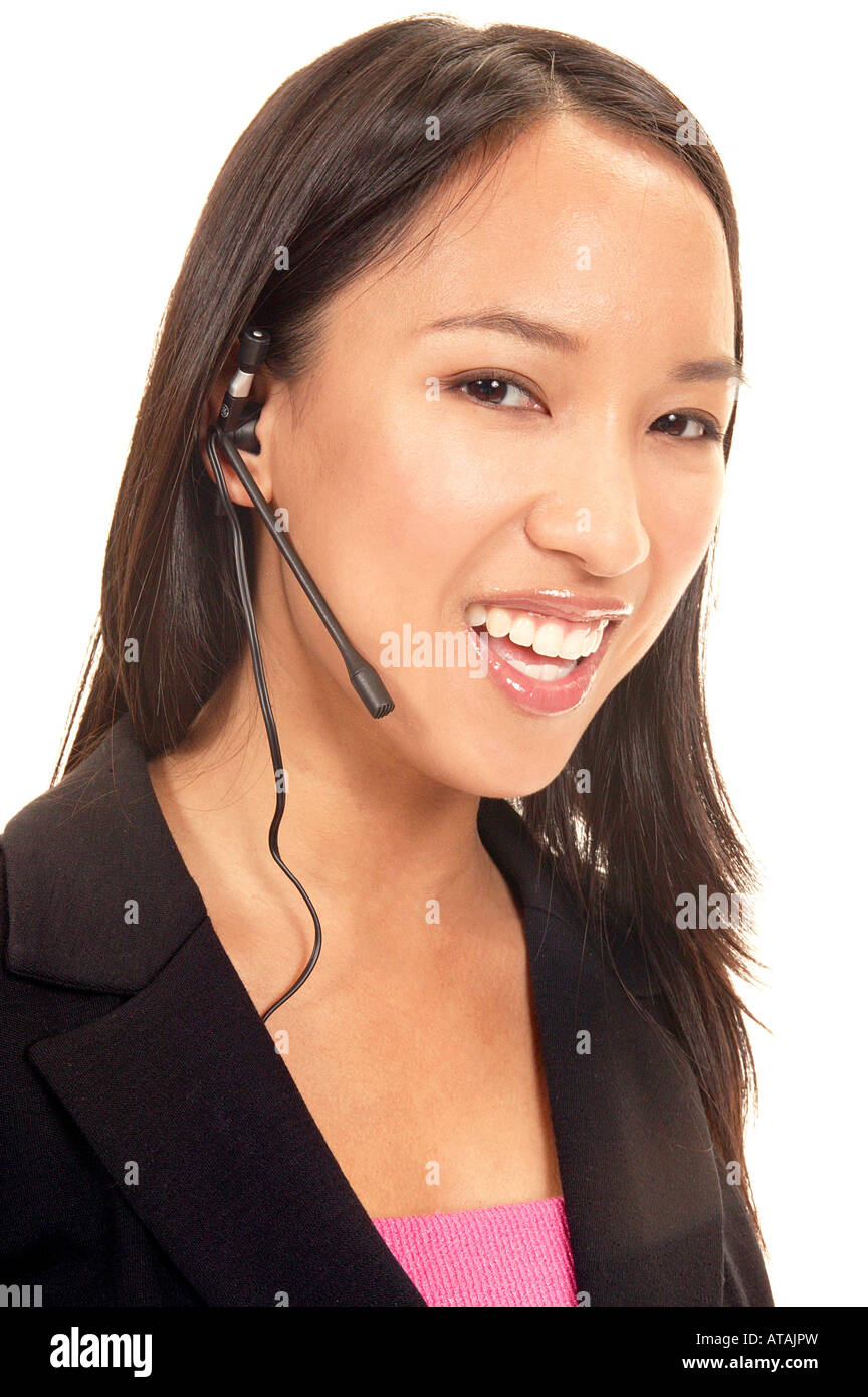 Young Woman Wearing Phone Headset Stock Photo - Alamy