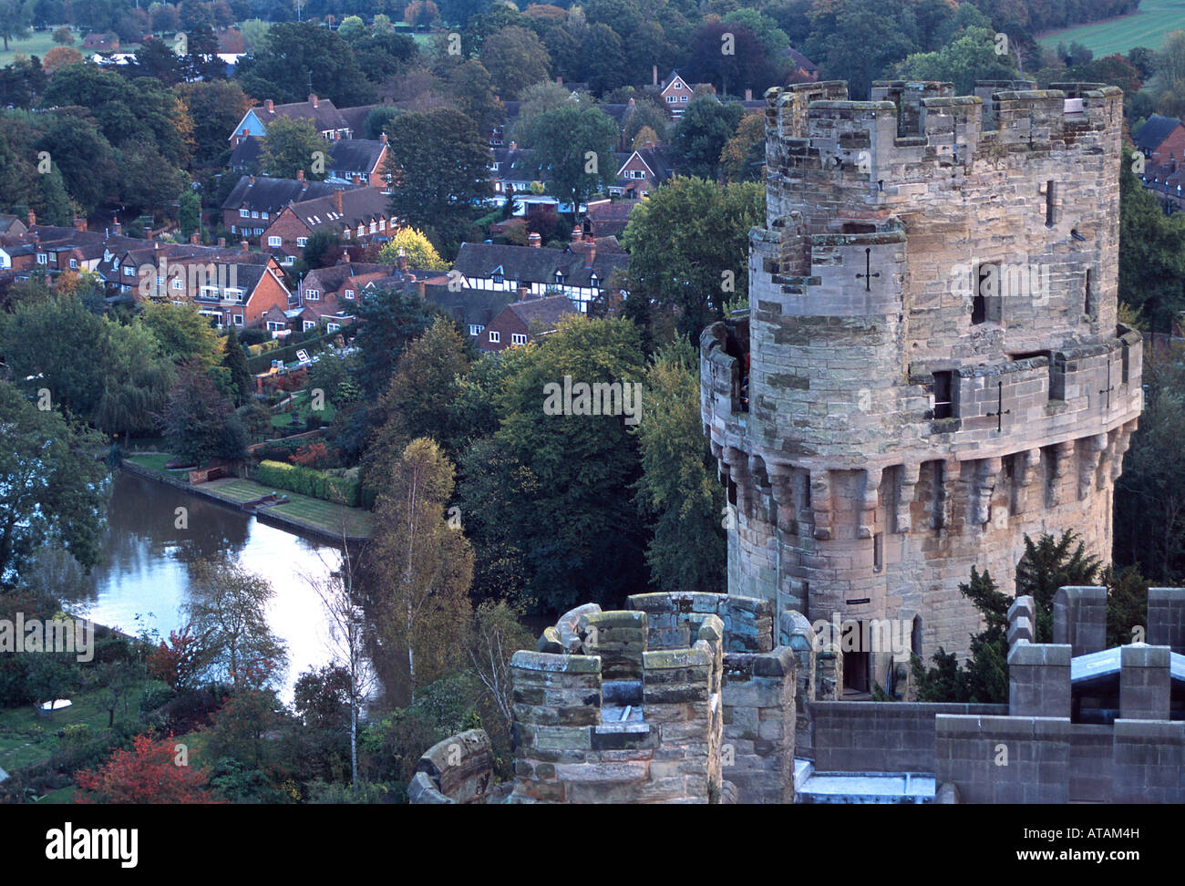 tower view inside Warwick Castle overlooking the River Avon, lies in ...