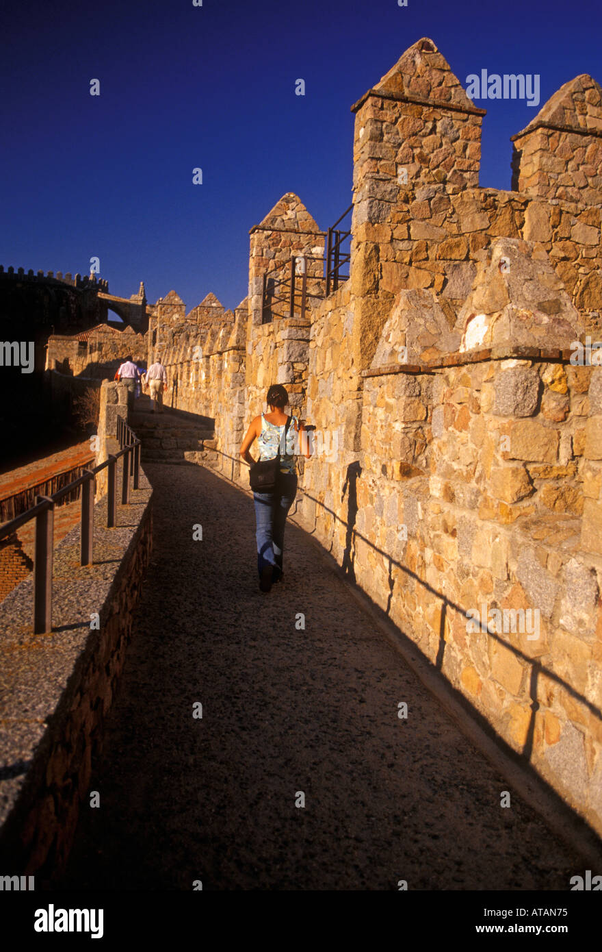Spaniard, Spanish woman, female tourist, walking on parapet, Medieval ...