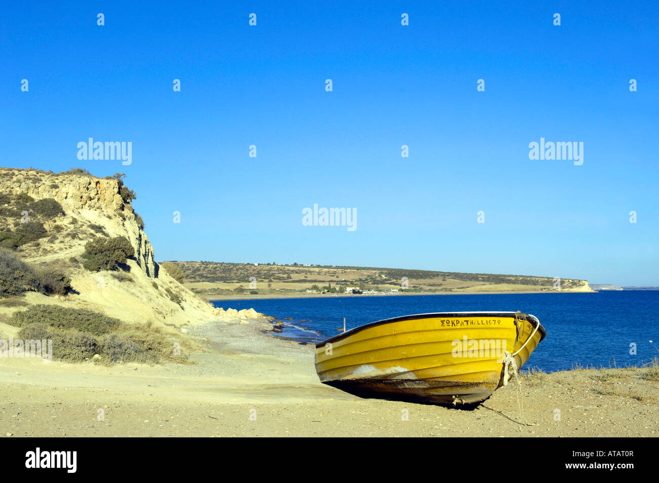 yellow boat melanda beach cyprus pathos travel tourism deserted away ...