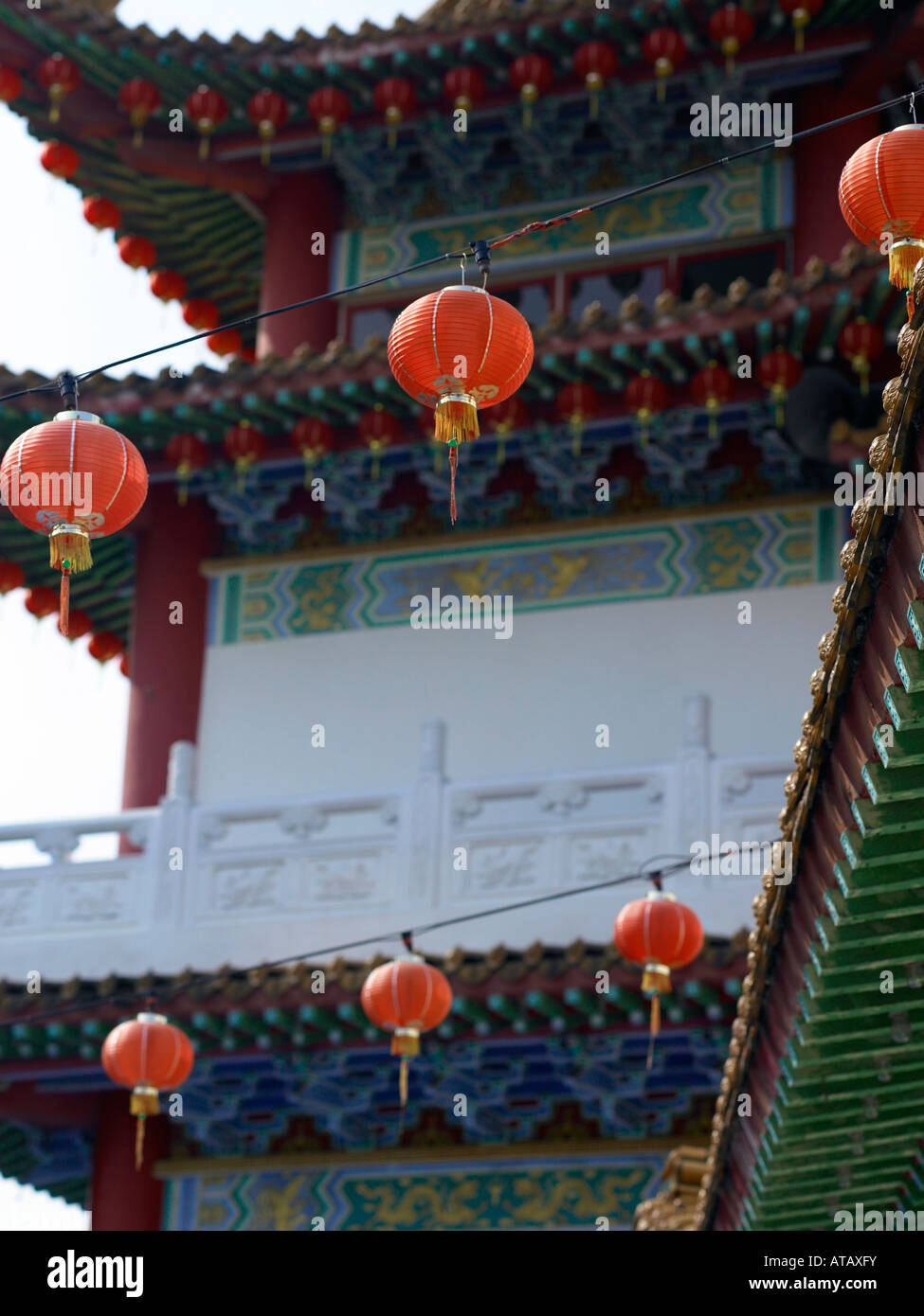 exterior of temple hanging with red lanterns Stock Photo - Alamy