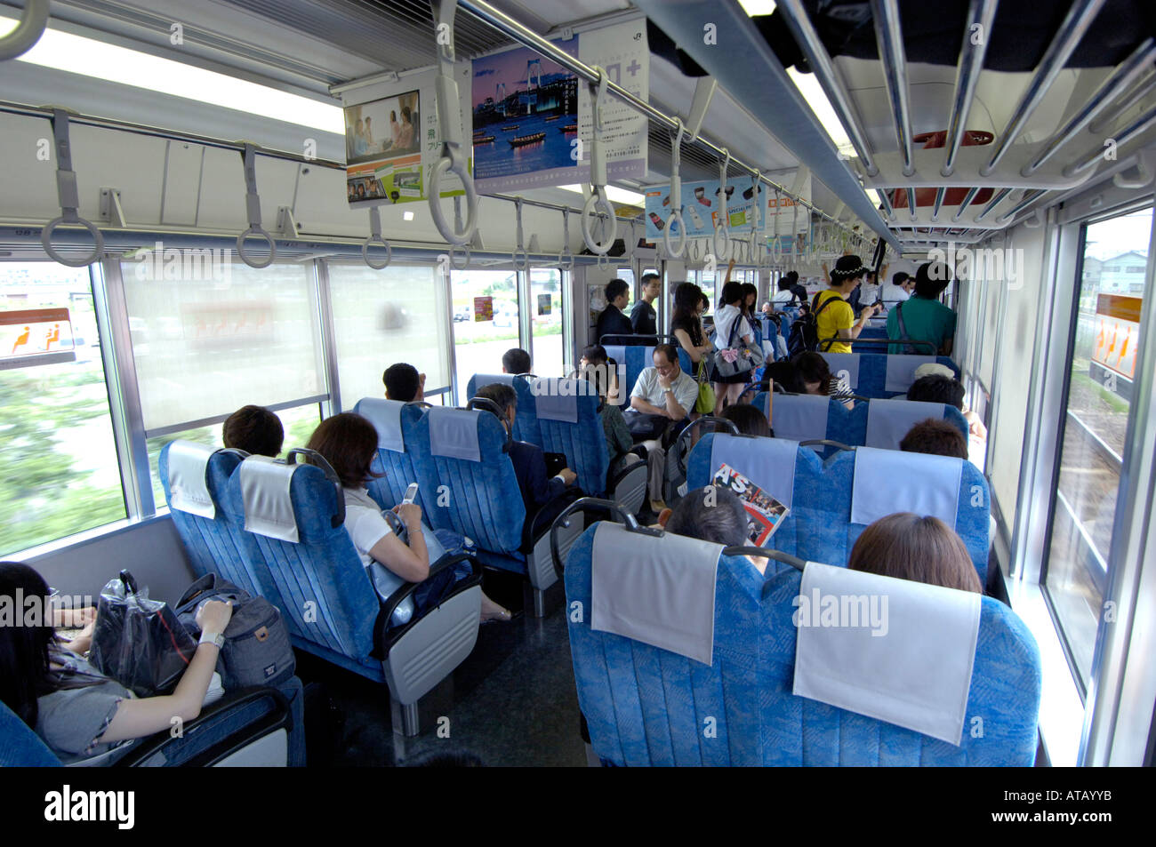 Interior of train carriage on the Japan Railways local and rapid trains ...