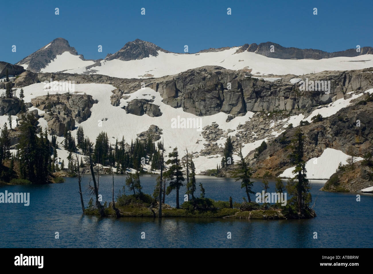Summer snowfield on mountains above Heather Lake Desolation Wilderness ...
