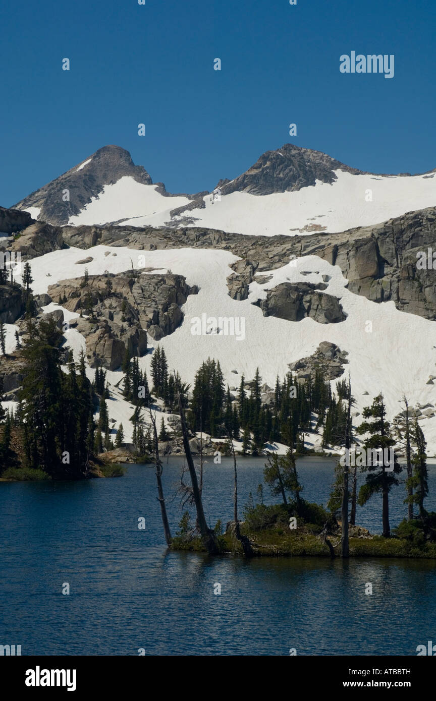 Summer snowfield on mountains above Heather Lake Desolation Wilderness ...