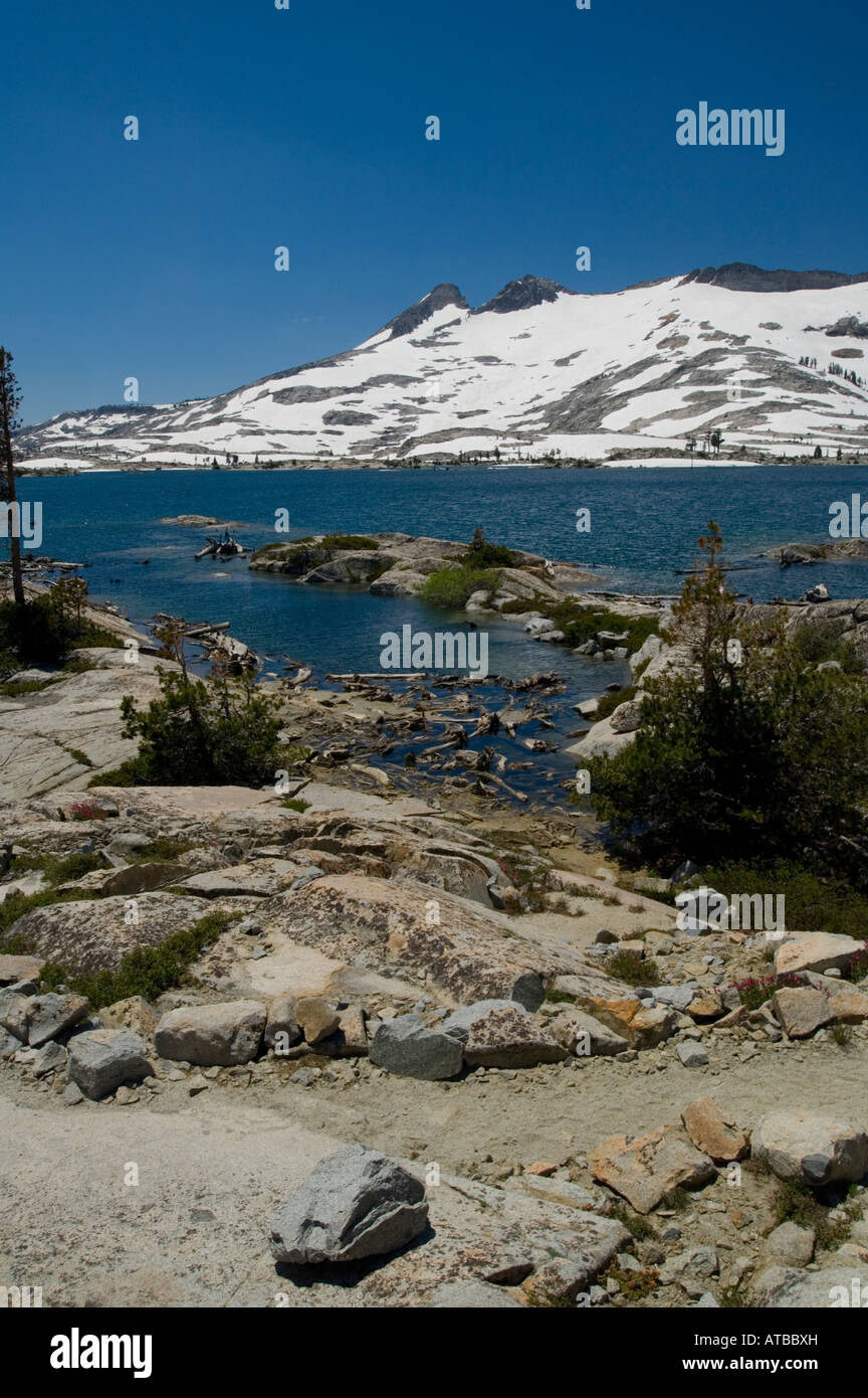 Summer snowfields and mountains above Lake Aloha Desolation Wilderness ...