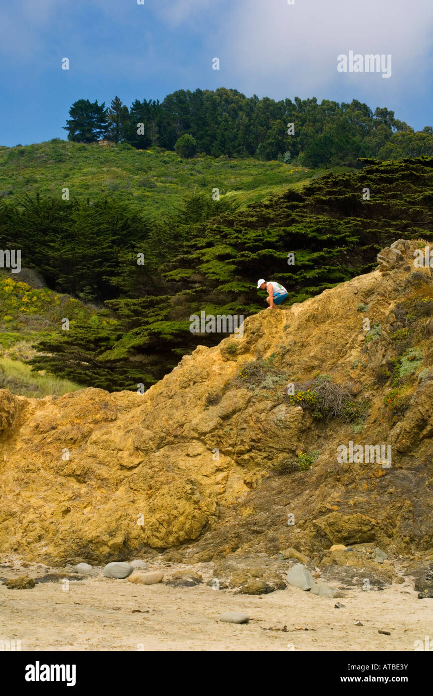 Man climbing on coastal cliffs at Pfeiffer Beach Big Sur Coast Monterey ...