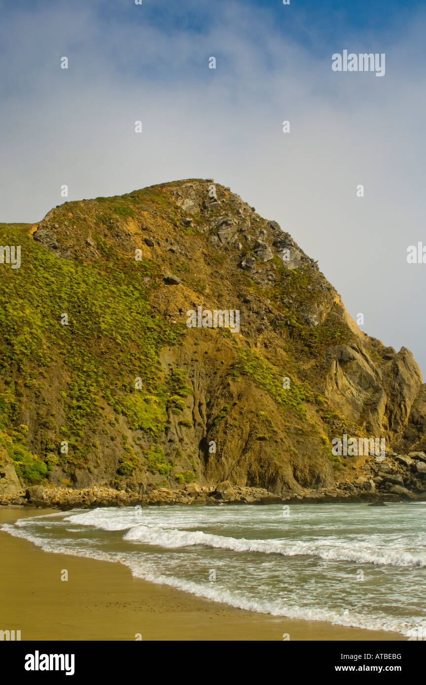 Ocean waves breaking on sand shore below coastal cliff and fog at ...