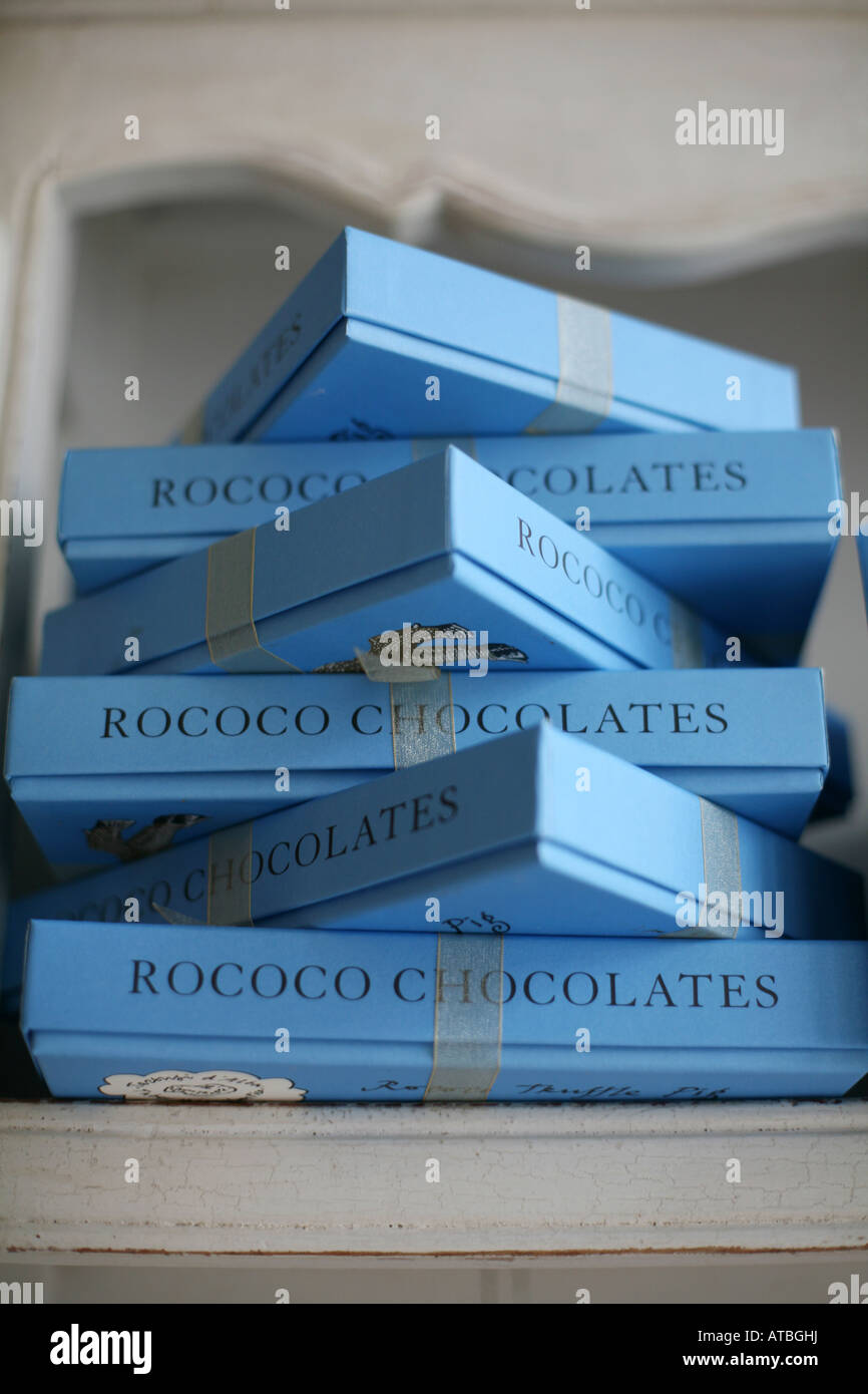 Boxes in Rococo Chocolate shop on the Kings road London Stock Photo - Alamy
