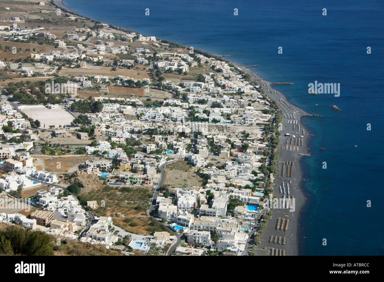 Aerial view of Kamari Santorini Stock Photo - Alamy