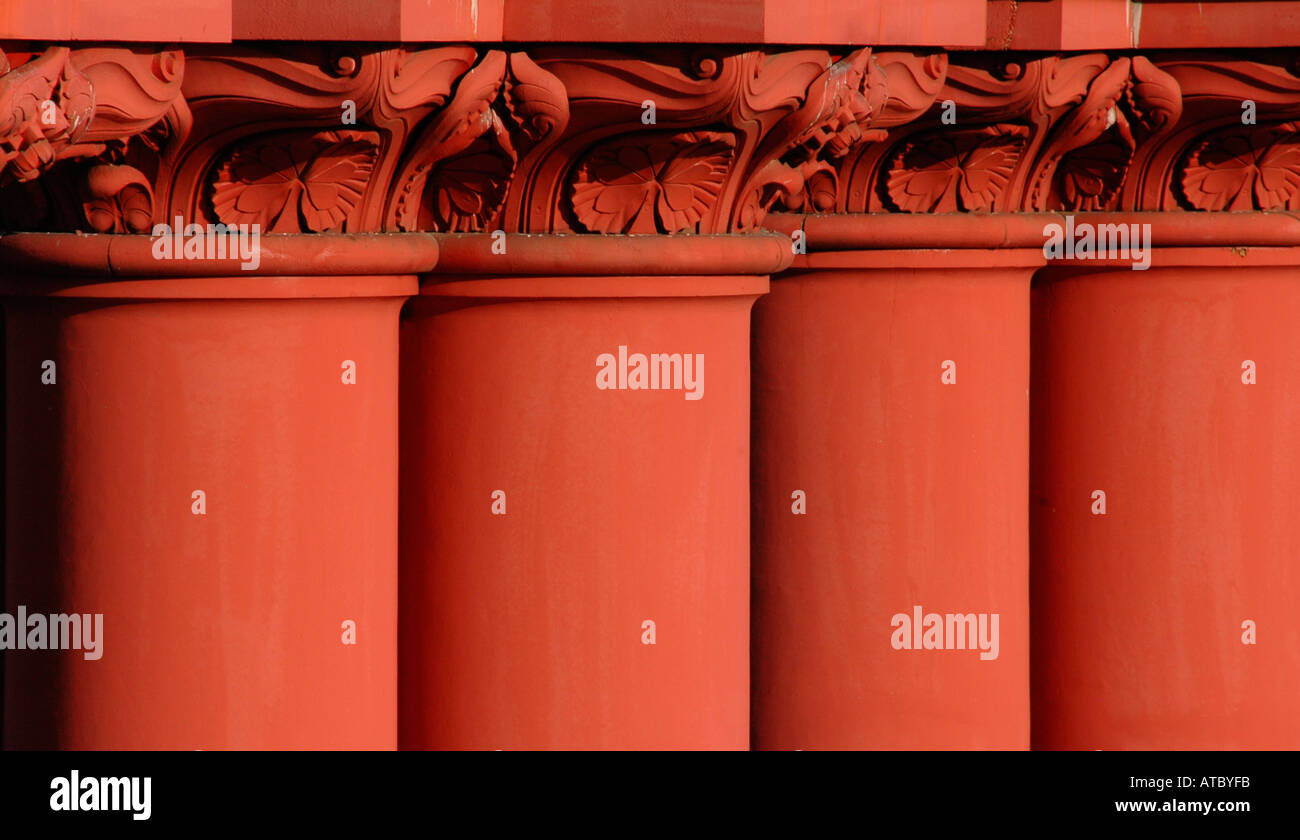 Detail of the ornate red-painted pillars of the partially dismantled ...