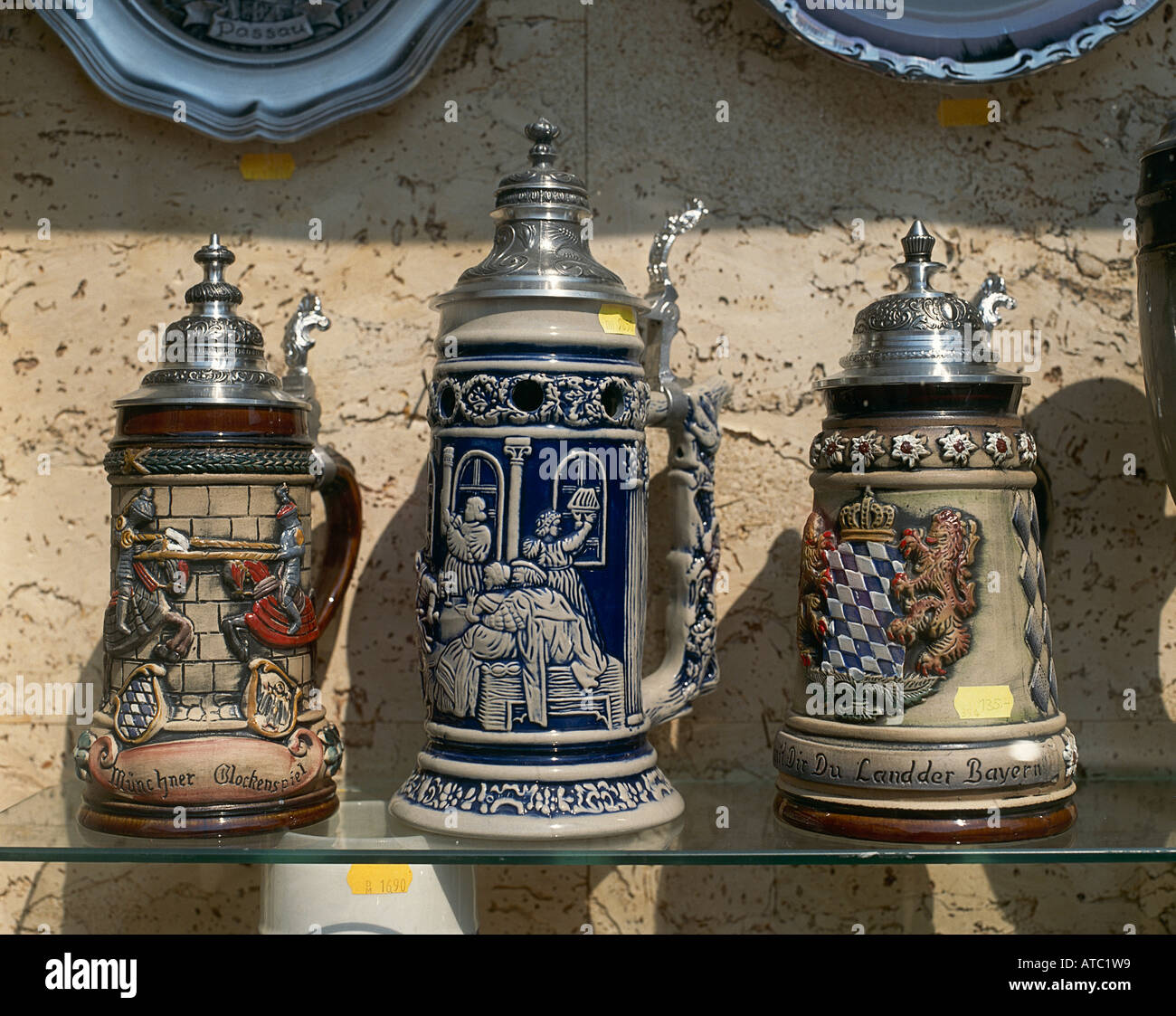 Detail of traditional beer steins on display in Bavaria Stock Photo - Alamy
