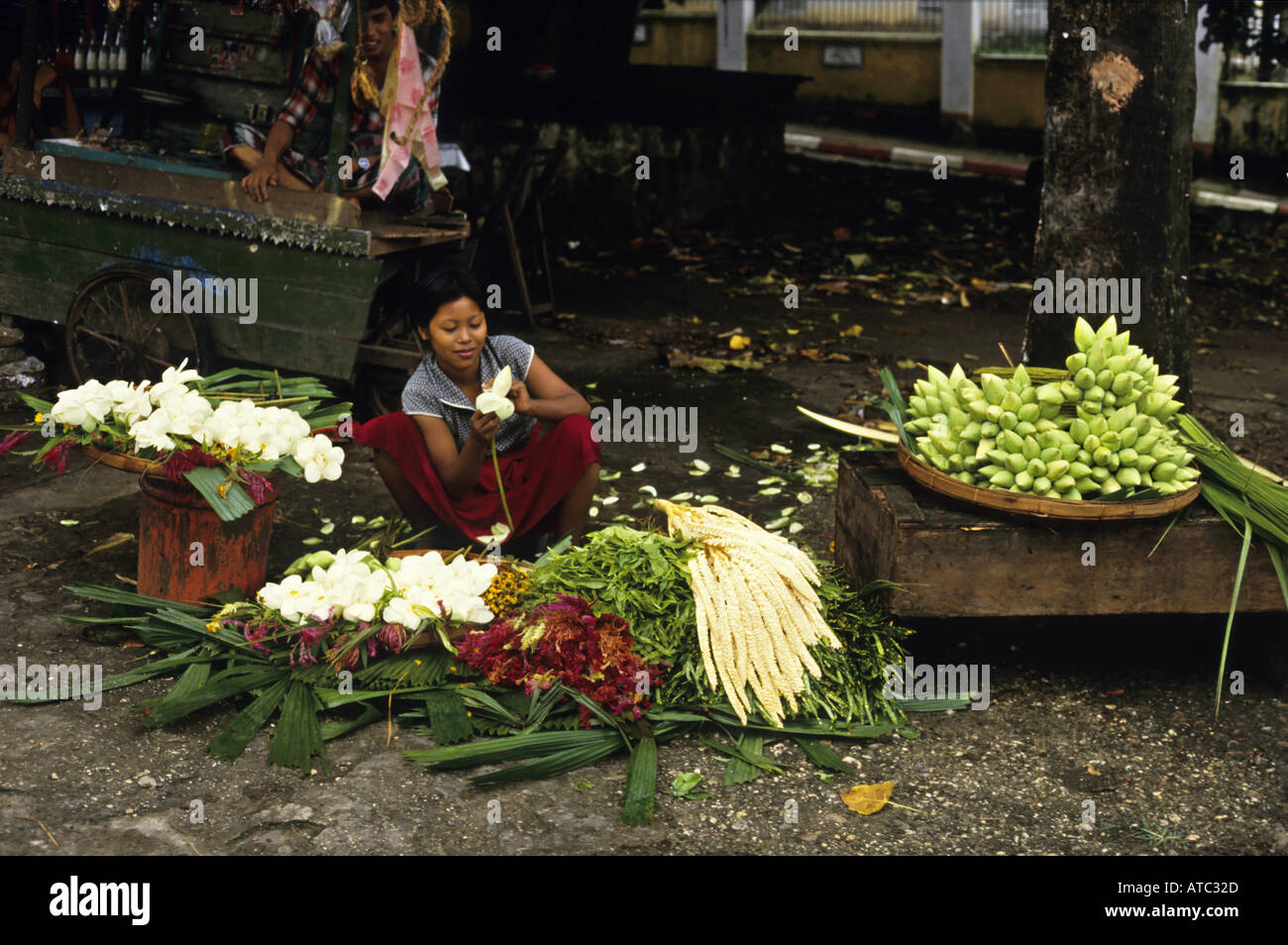 Burma Myanmar Rangoon A Flowers Vendor At Market Stock Photo - Alamy