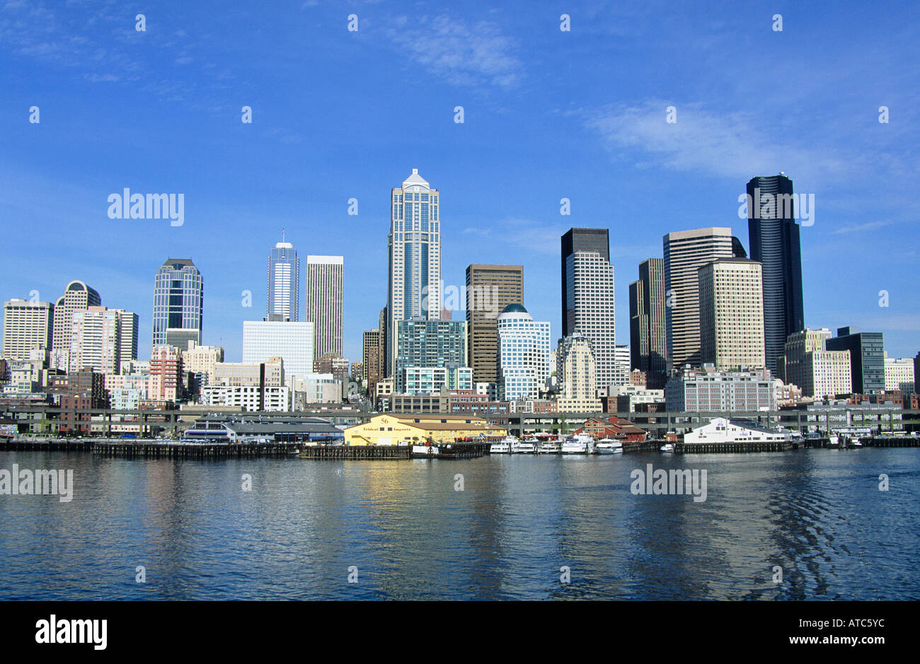A view of the Seattle waterfront from the ferry as it departs to make ...