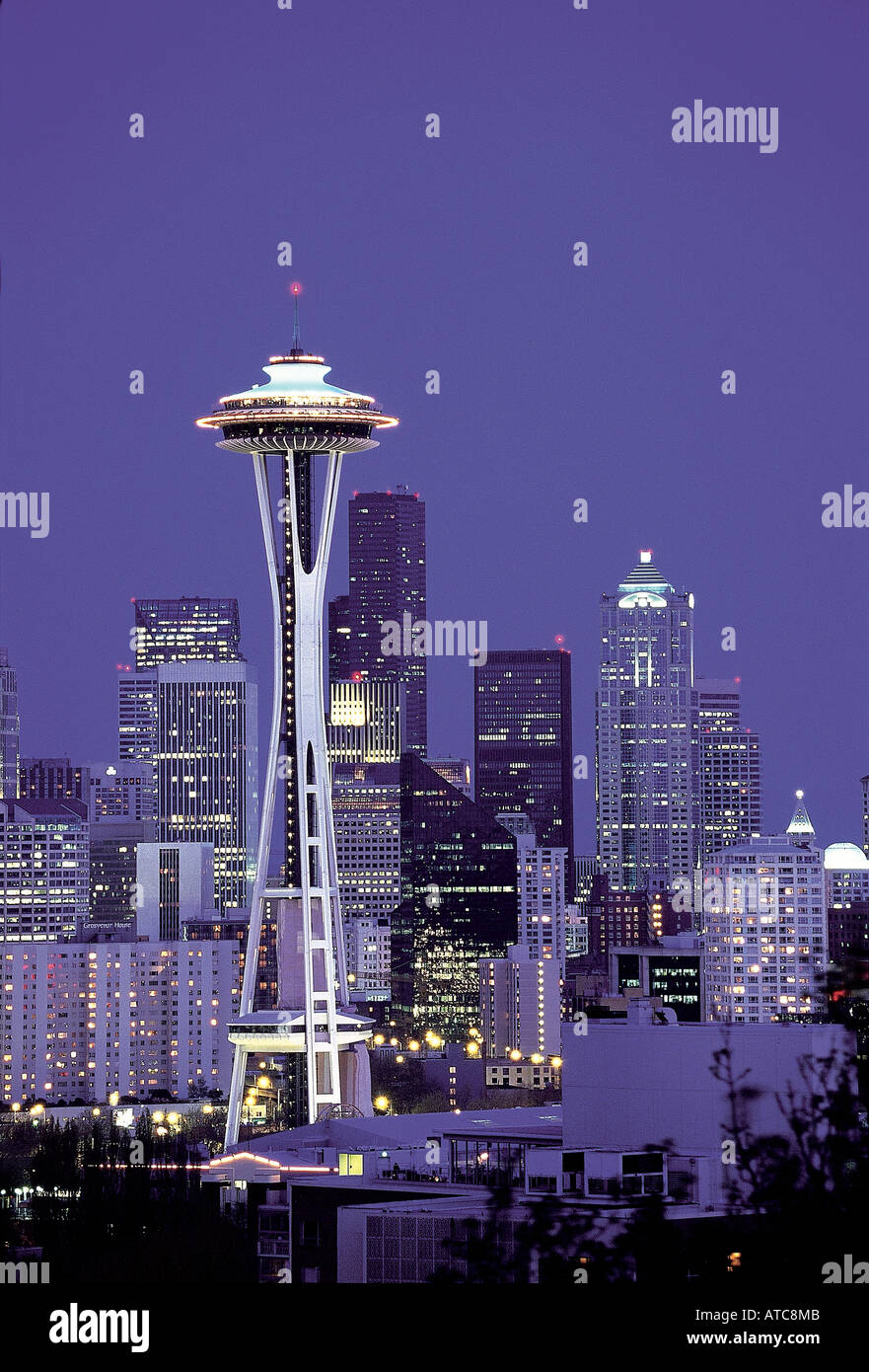 The city s Space Needle illuminated as the evening falls over Seattle ...