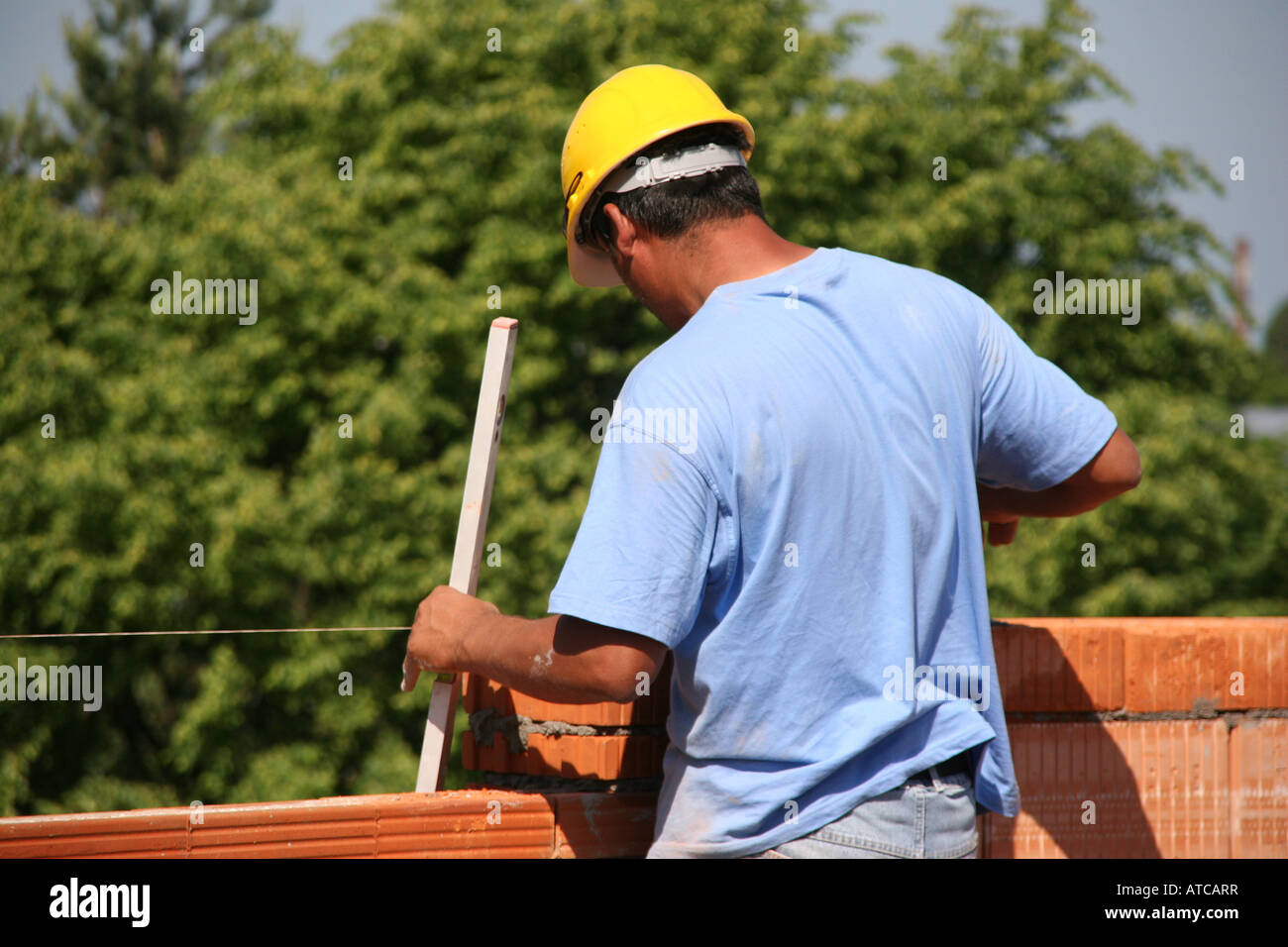 Workers building up a brick wall Stock Photo - Alamy
