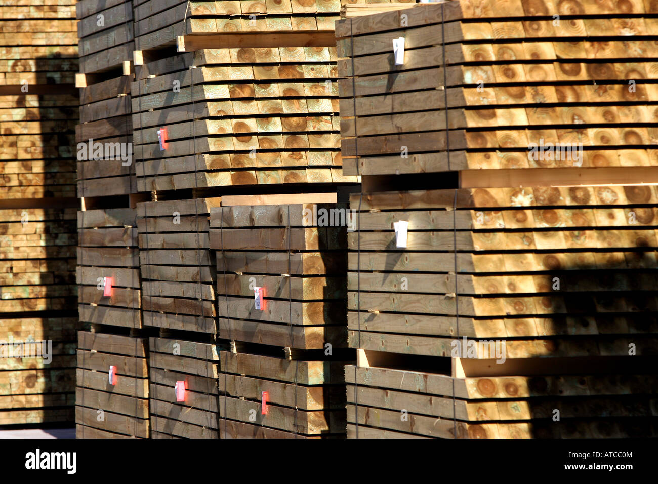 Piles of garden timber wood stock at a warehouse in Bury St Edmunds ...