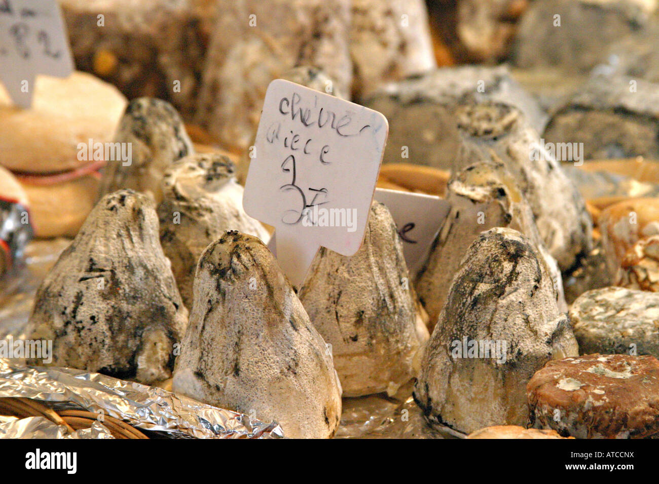 Selection of chevre or goat's cheese on display at a Paris market Stock ...