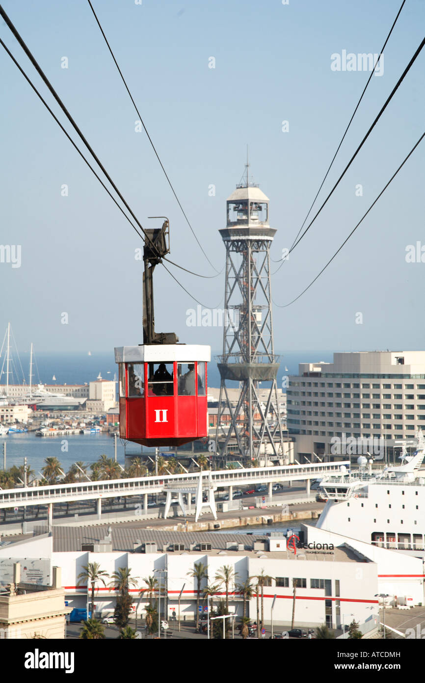 The red Teleferic cable car running across Barcelona Port in Barcelona ...