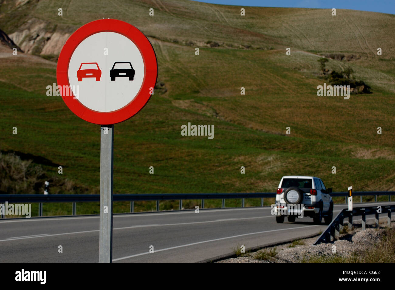 No overtaking road sign with car in background, Ronda, Andalusia, Spain ...