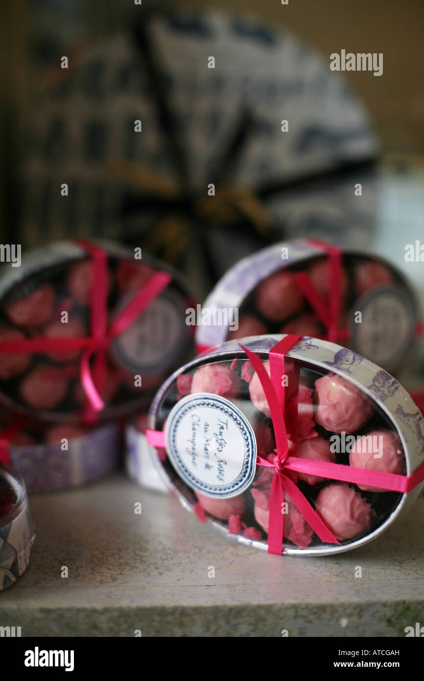 Pink chocolates in Rococo Chocolate shop on the Kings road London Stock ...