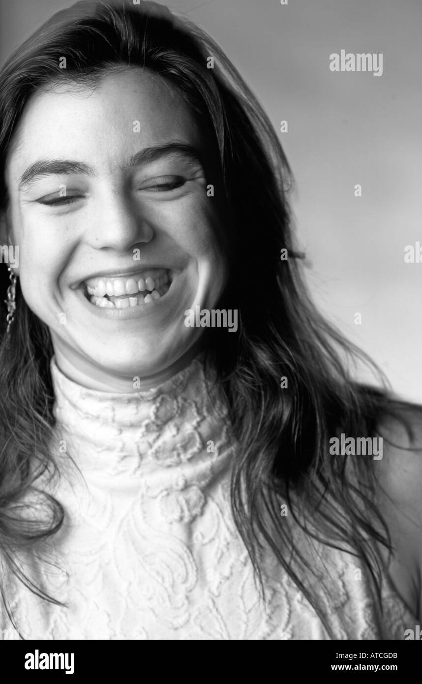 Happy woman at plain background Black and White Stock Photos & Images ...