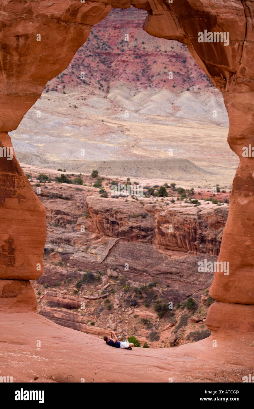 Human behavior framed by Landscape Arch Arches National Park Utah Stock ...