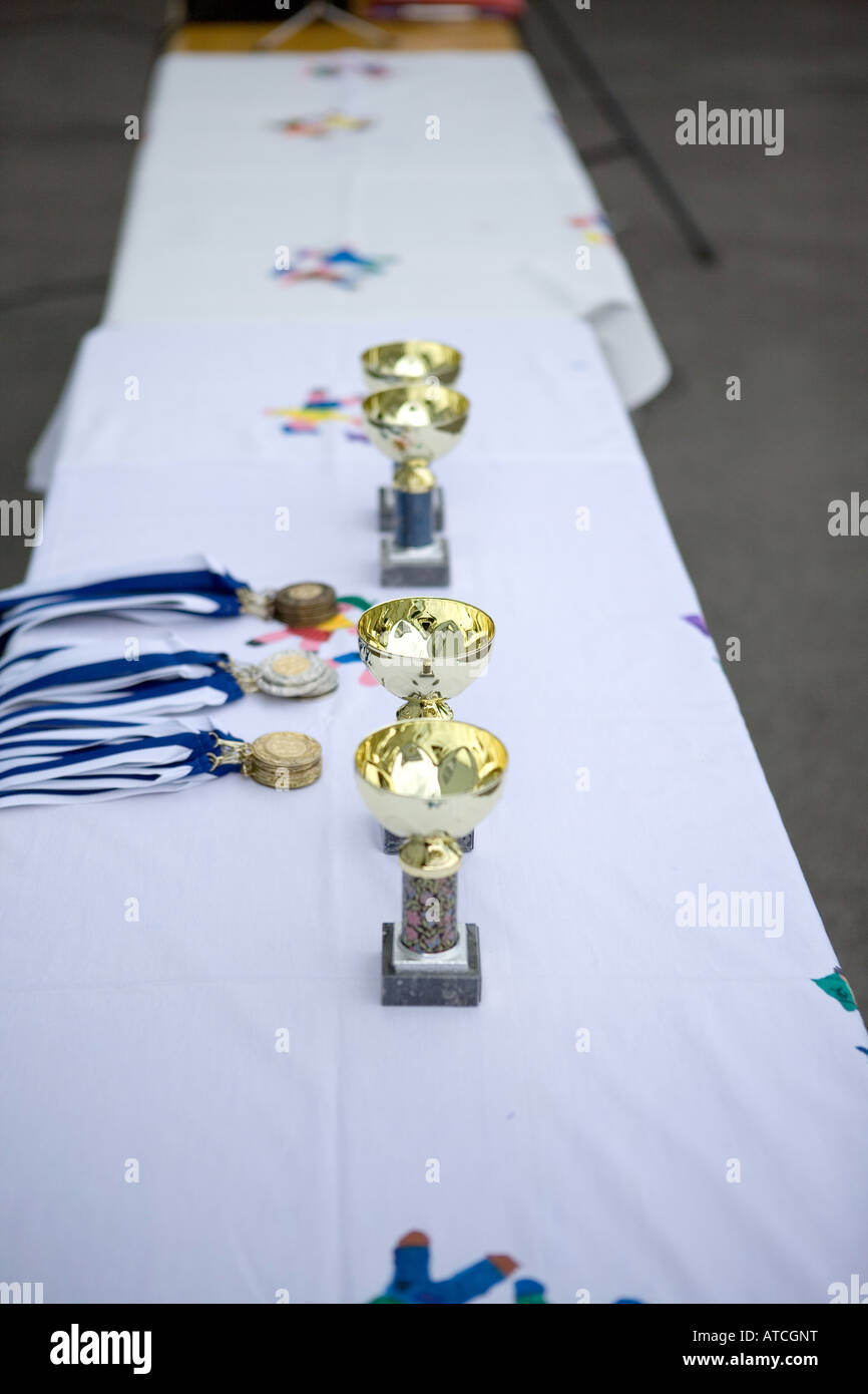 Cups and medals lined up on a table Stock Photo - Alamy