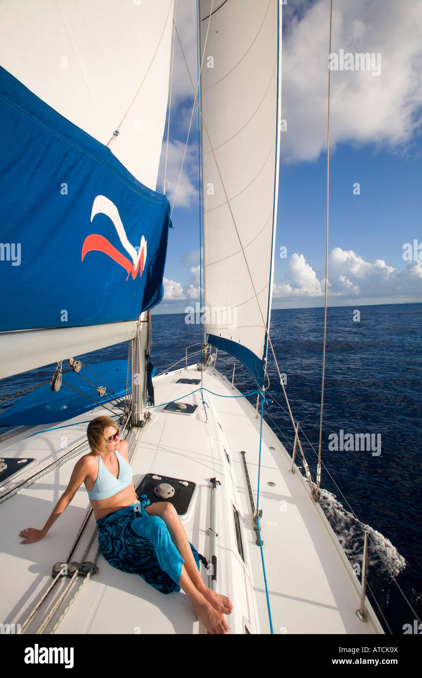 Woman sailing in St Vincent Grenadaines Winward Islands Lesser Antilles ...