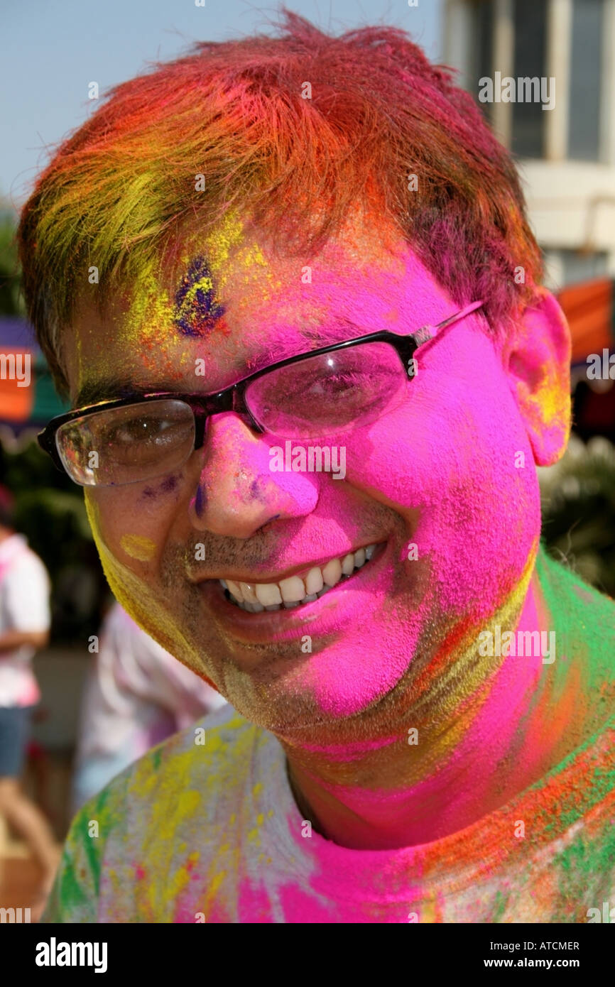 Portrait of hindu man covered in Holi colours , Holi , Bangalore ...