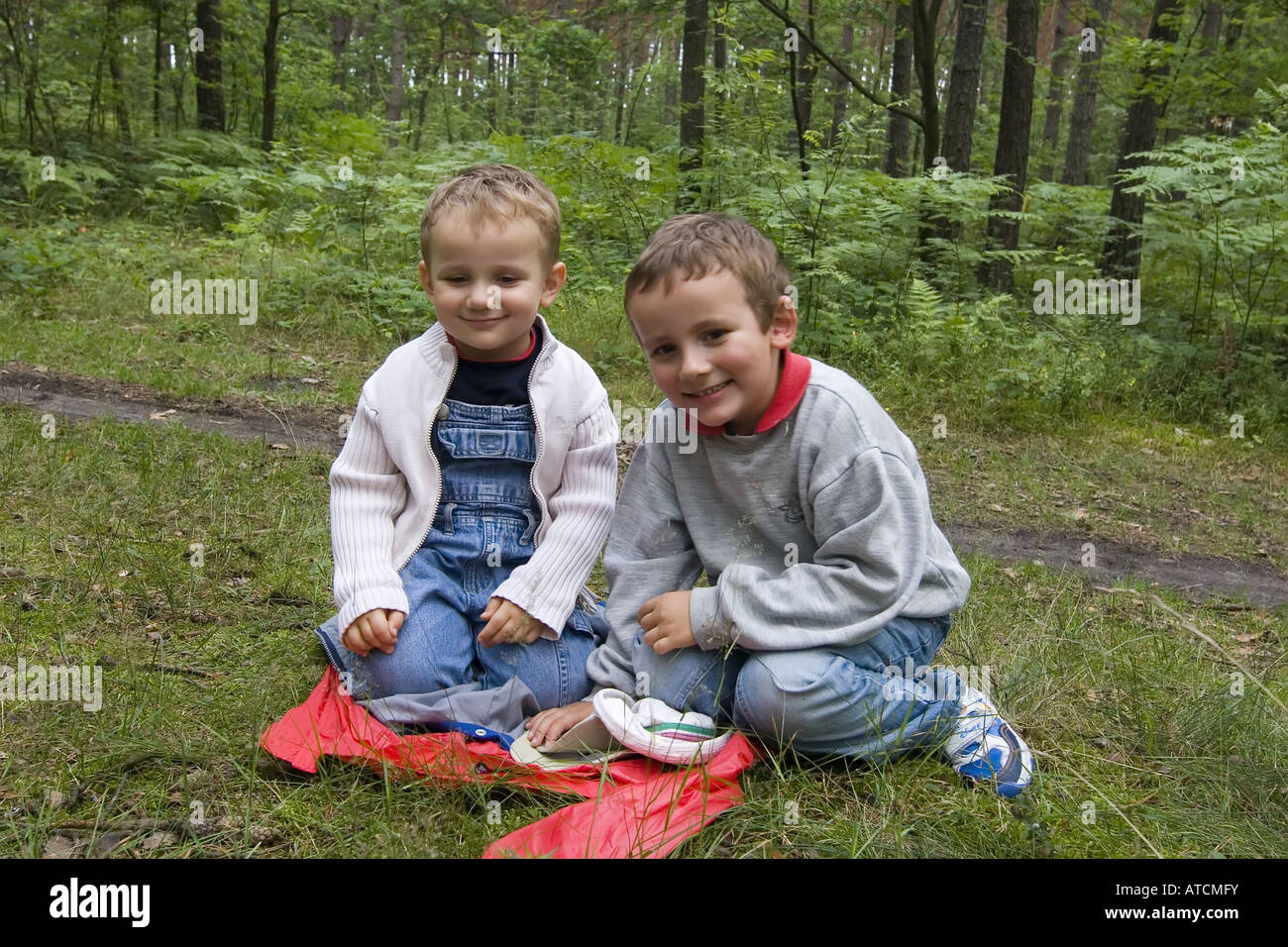 Two young boys sitting in grass, play in the forest Stock Photo - Alamy
