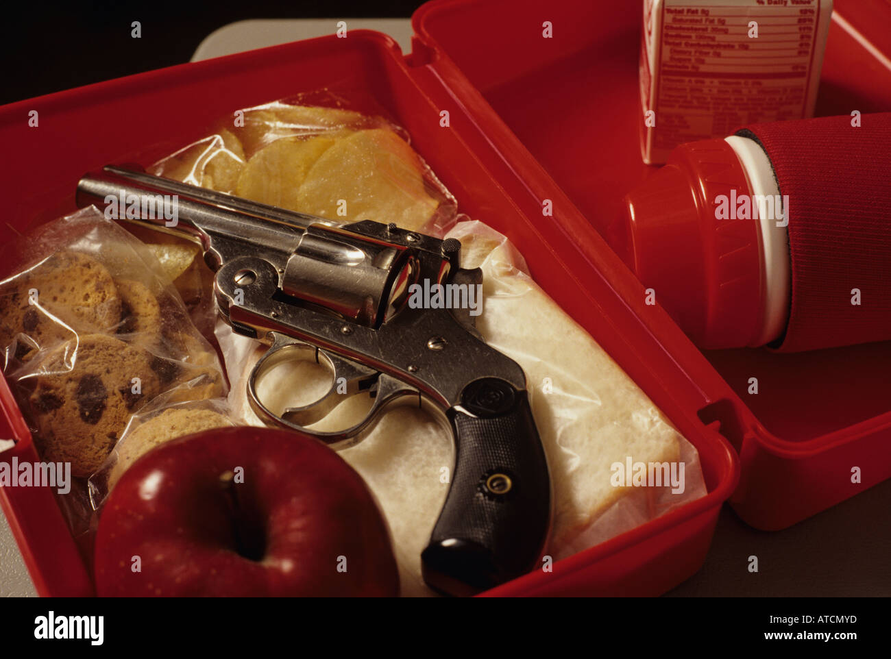 Hand gun in opened lunch pail at school during lunch time showing the ...