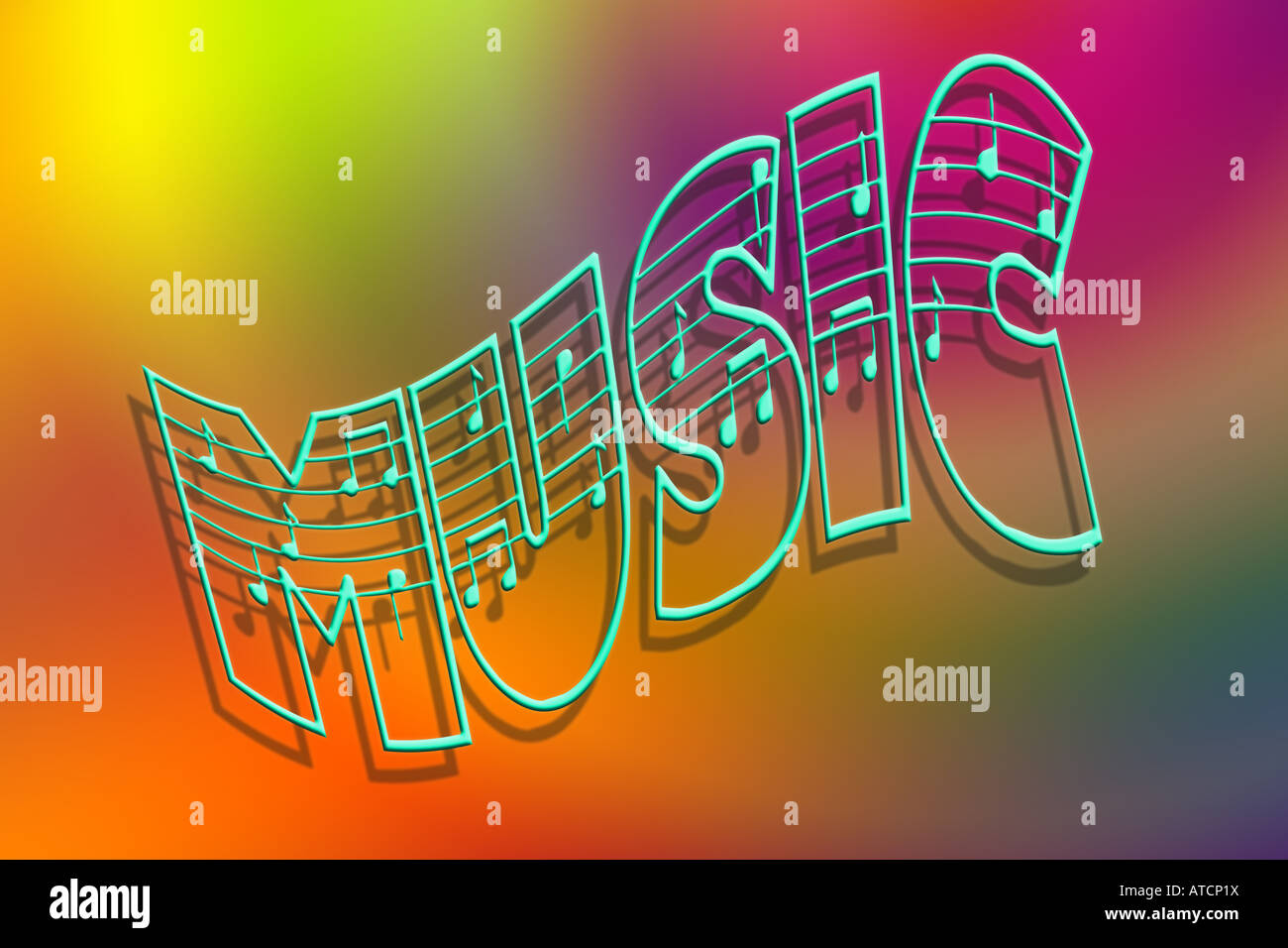 Wavy music word with staff over colorful gradient background Stock ...