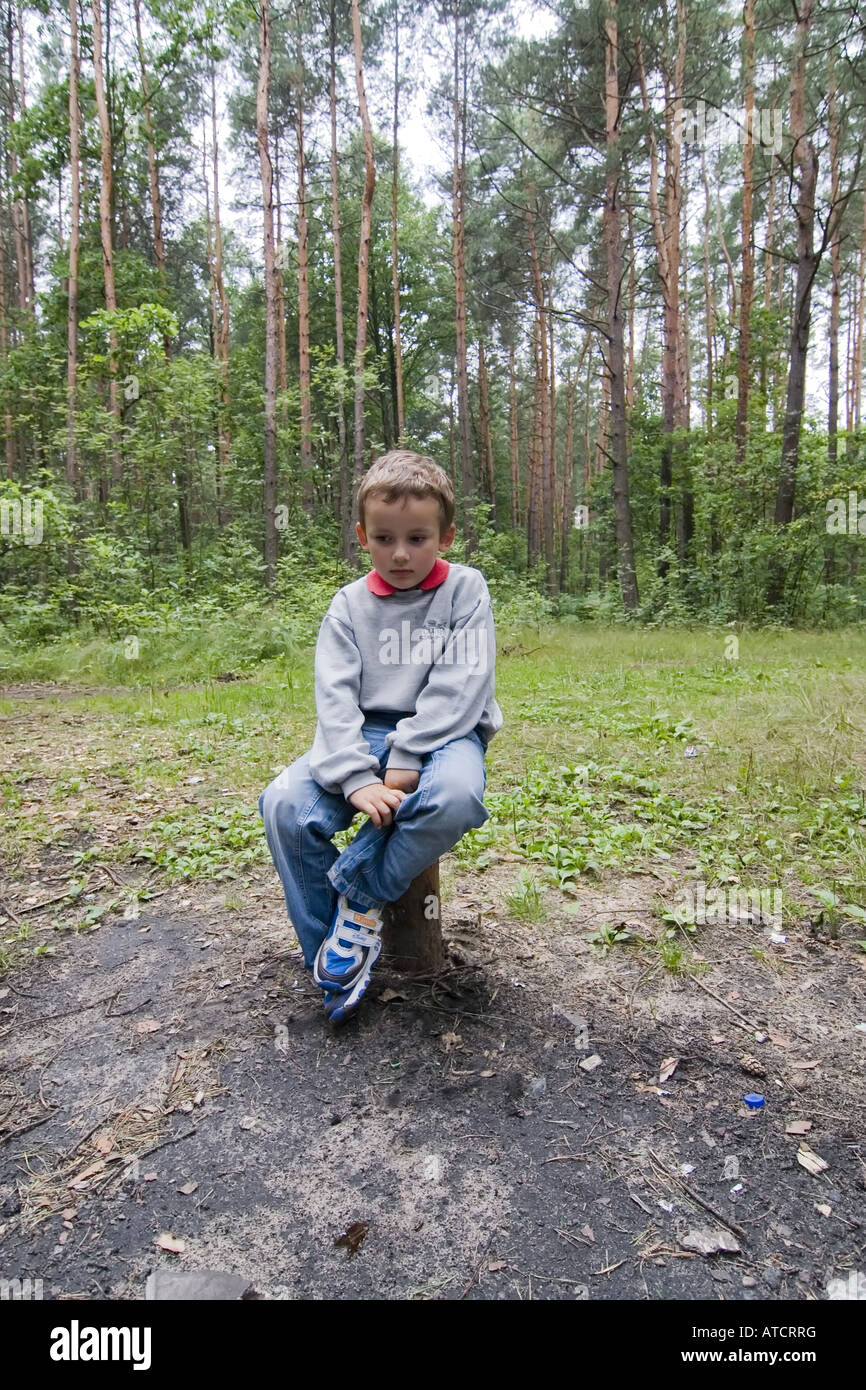Young boy sitting alone on tree stump in forest, play in the forest ...