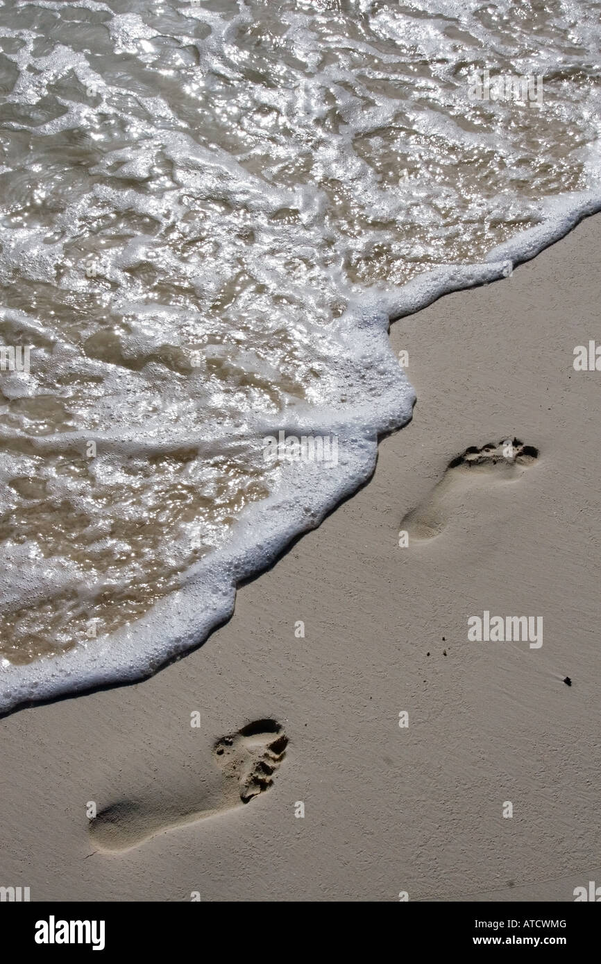 Tropical beach with footprints in the sand Stock Photo - Alamy