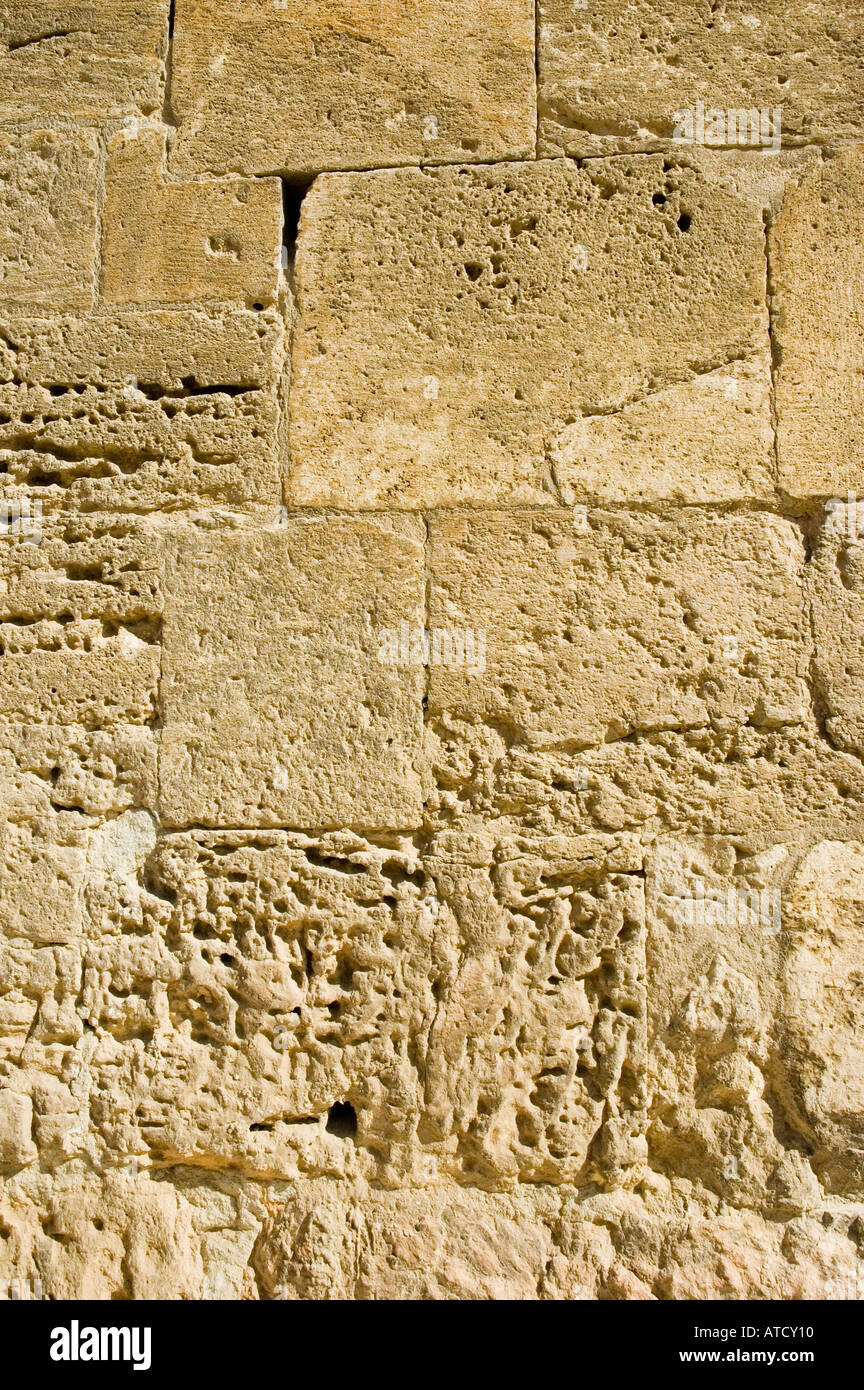 Close up of stone texture, the Citadel, in old city of Halab, Aleppo ...