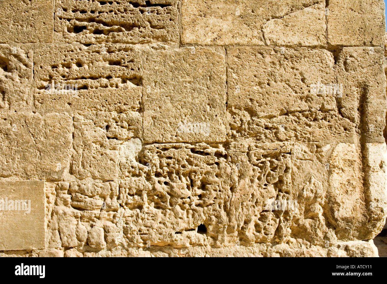 Close up of stone texture, the Citadel, in old city of Halab, Aleppo ...
