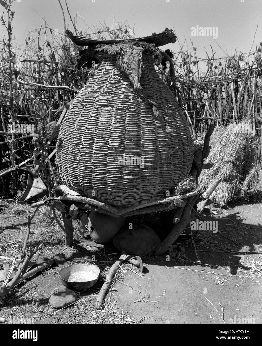 A traditional wicker grain bin in a Karamajong village compound ...