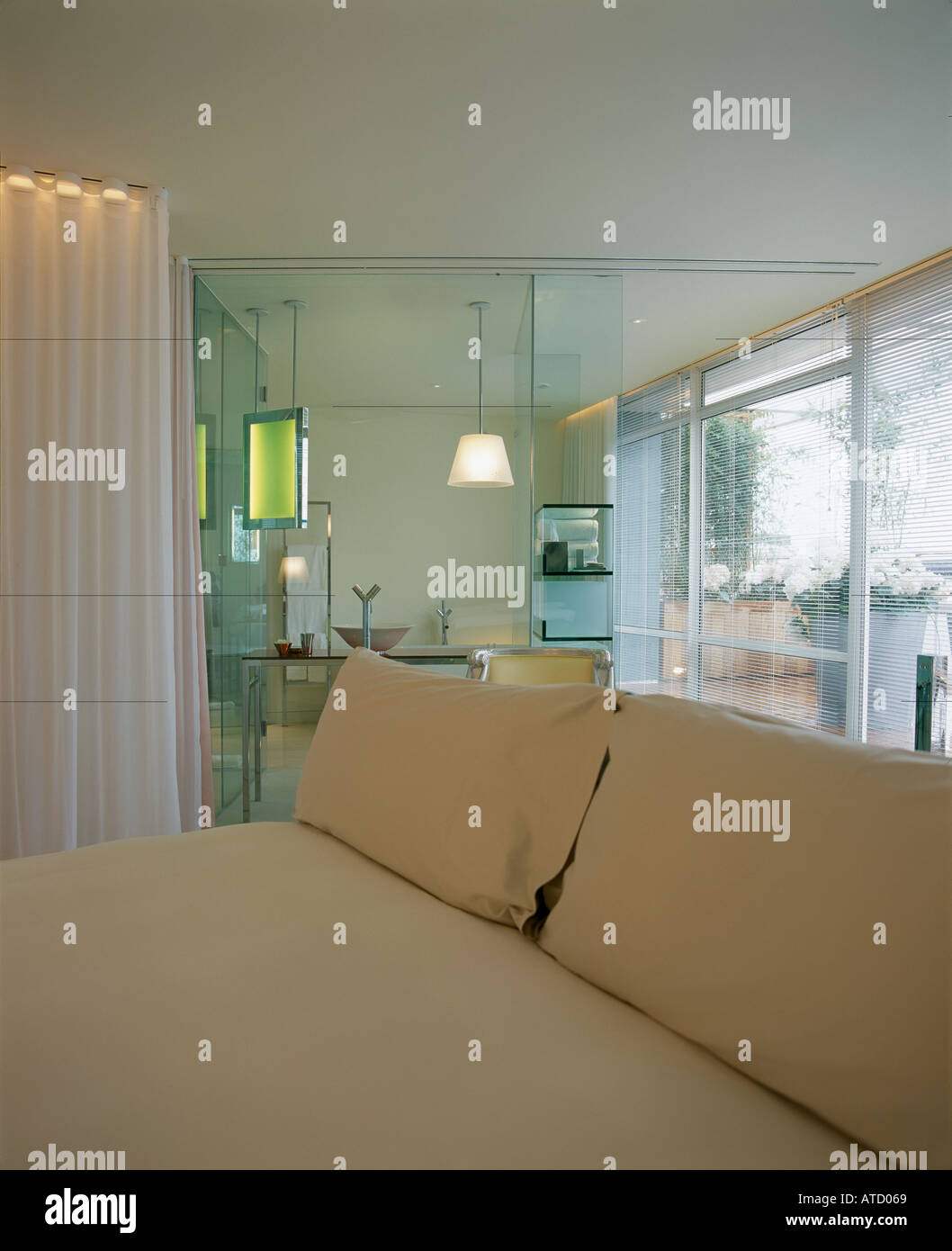 The Sanderson Hotel, London. Bedroom suite looking through into ...